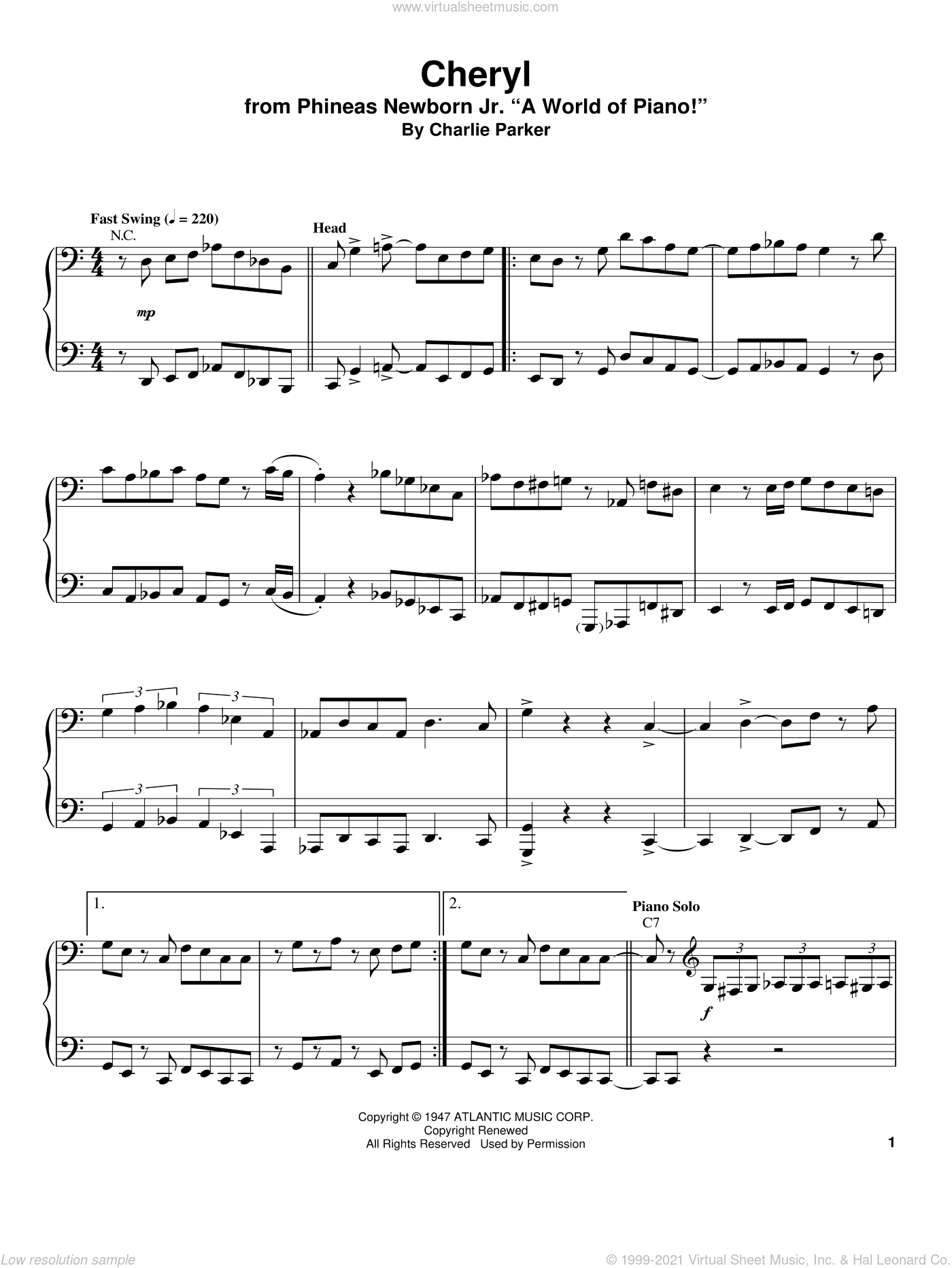 Cheryl sheet music for piano solo (transcription) (PDF)