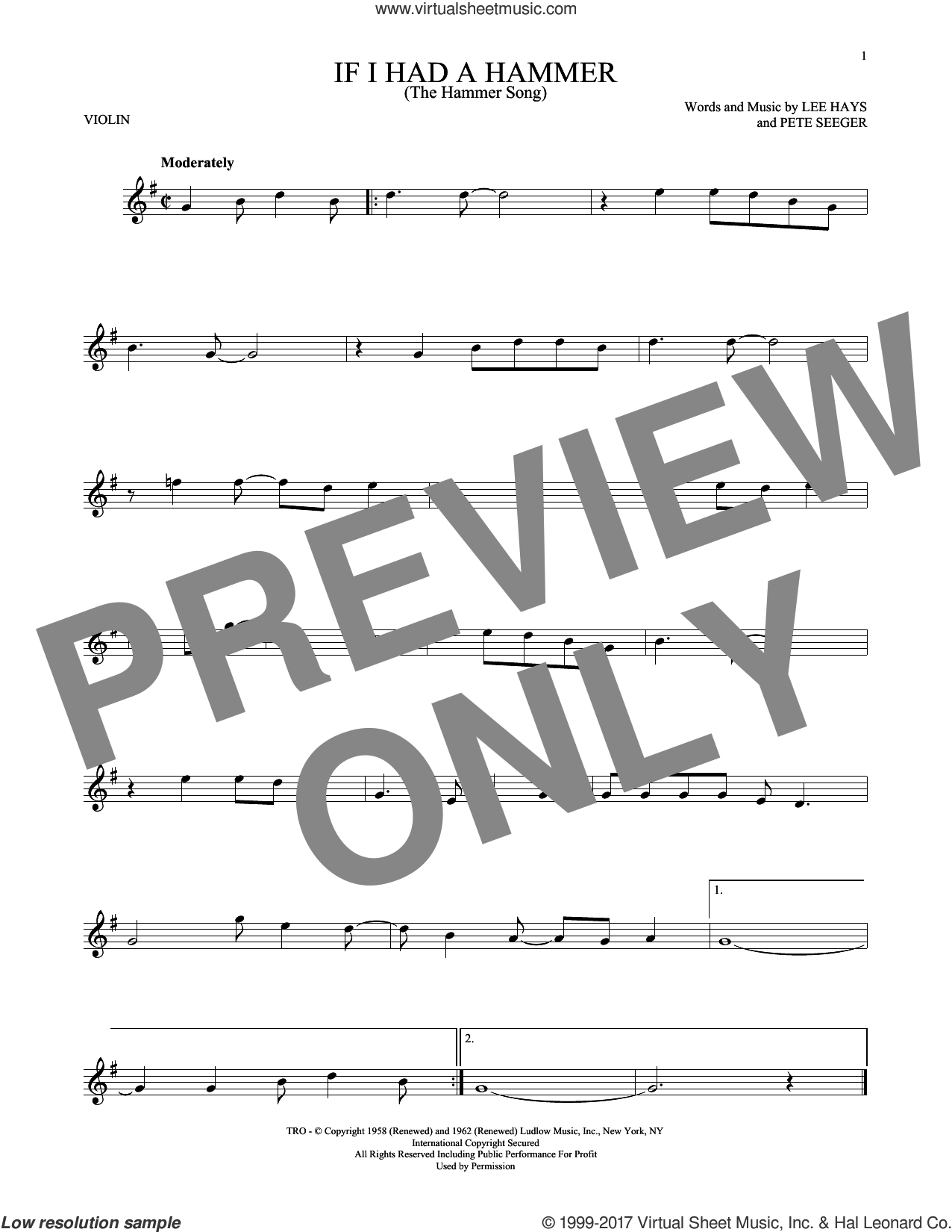 If I Had A Hammer (The Hammer Song) sheet music for violin solo