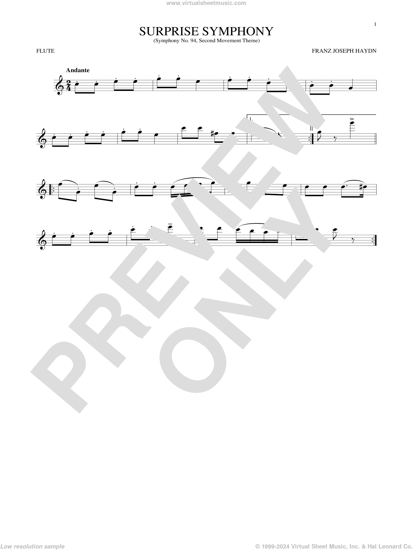 The Surprise Symphony sheet music for flute solo (PDF)