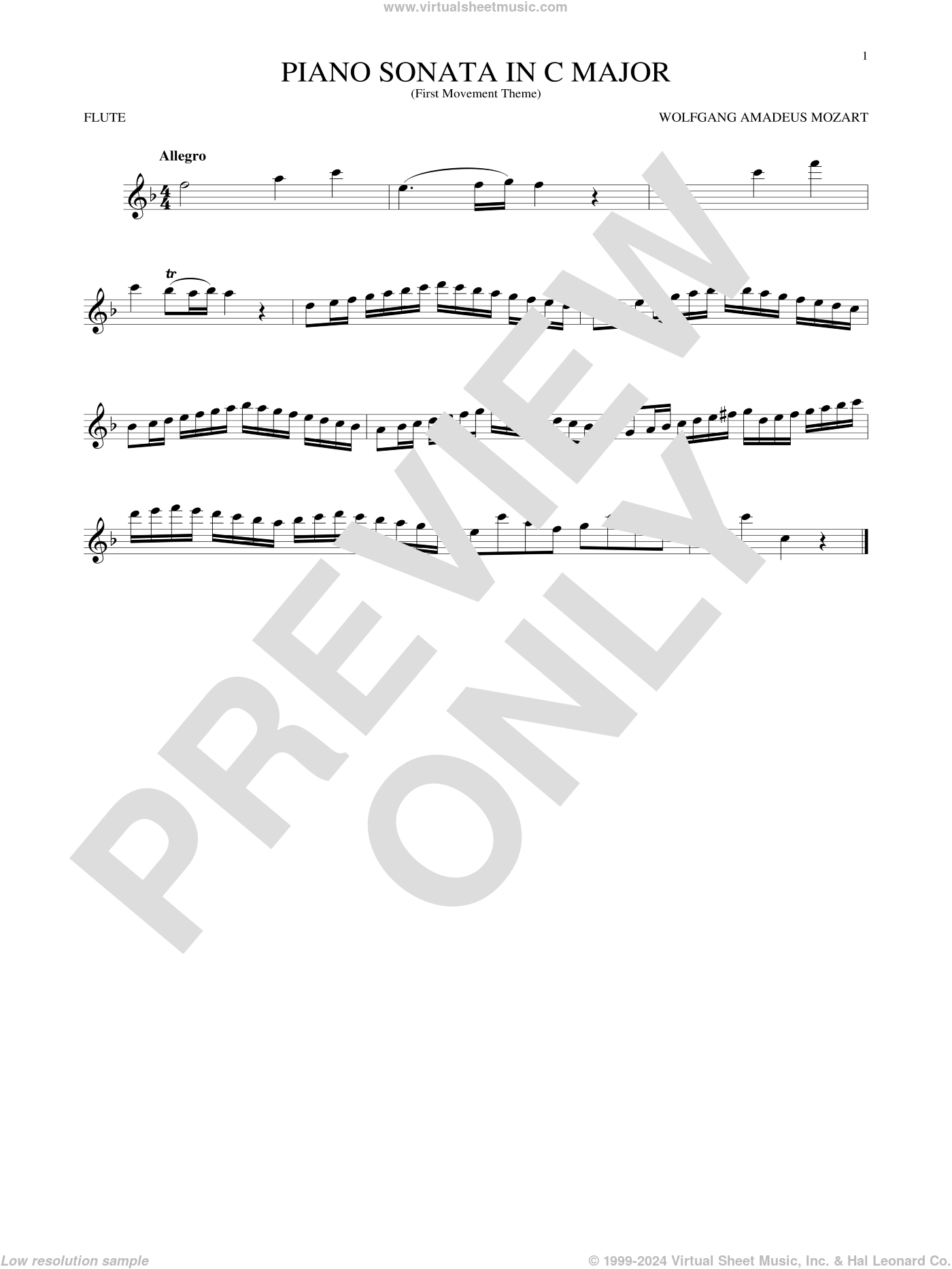 Mozart: Piano Sonata In C Major sheet music for flute solo (PDF)