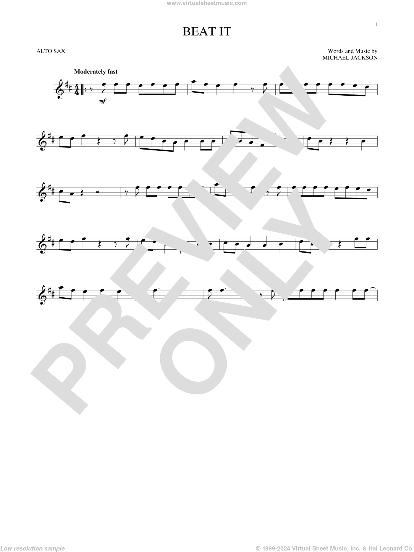 Beat It sheet music for alto saxophone solo (PDF-interactive)