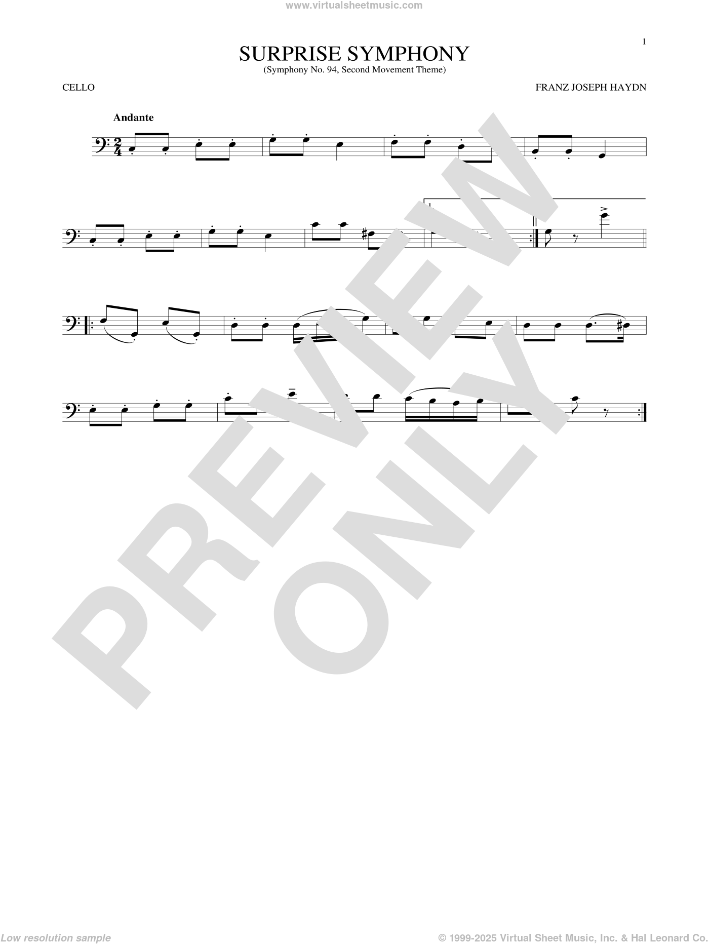 The Surprise Symphony sheet music for cello solo (PDF)