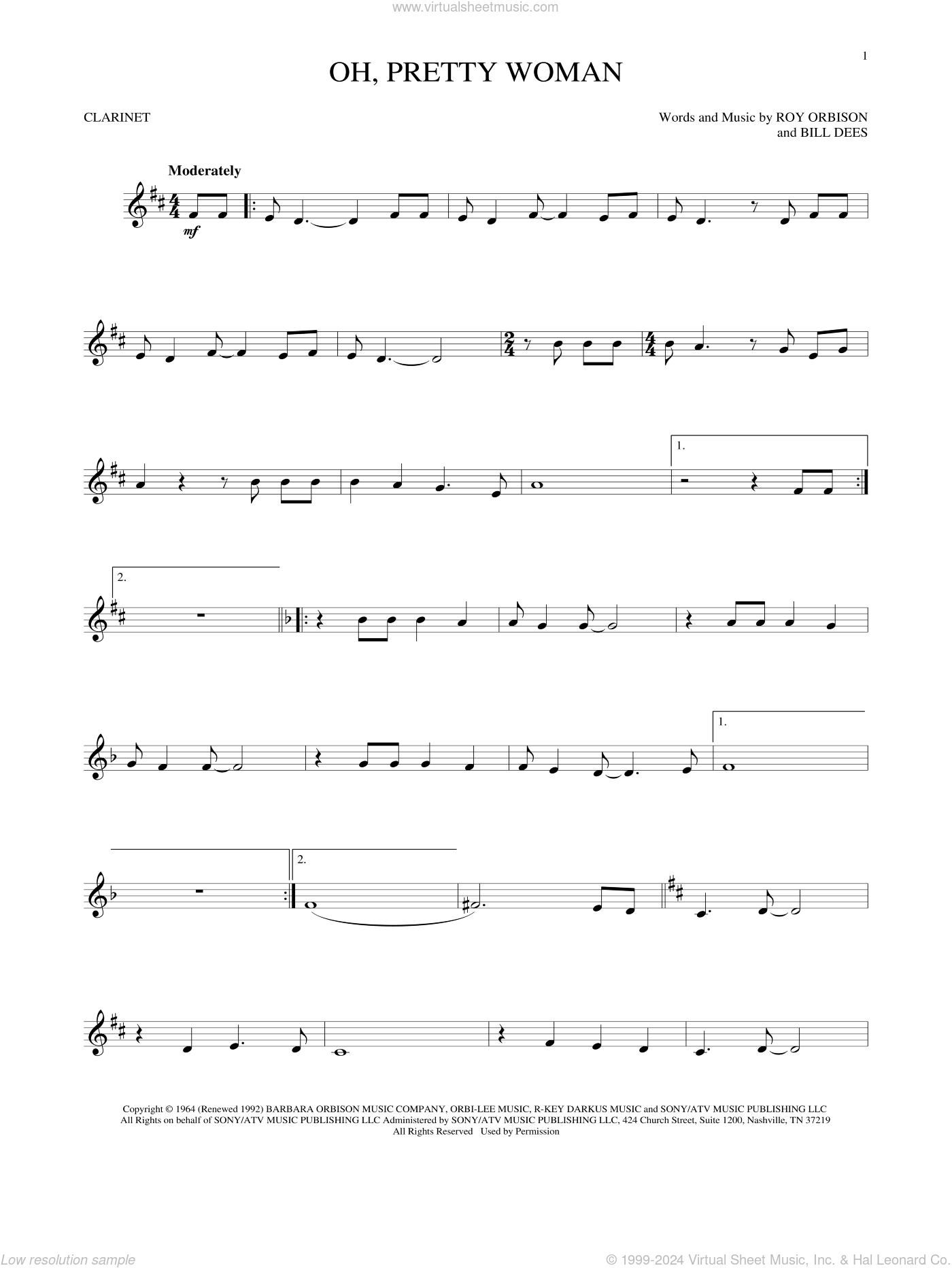 Oh, Pretty Woman sheet music for clarinet solo (PDF-interactive)