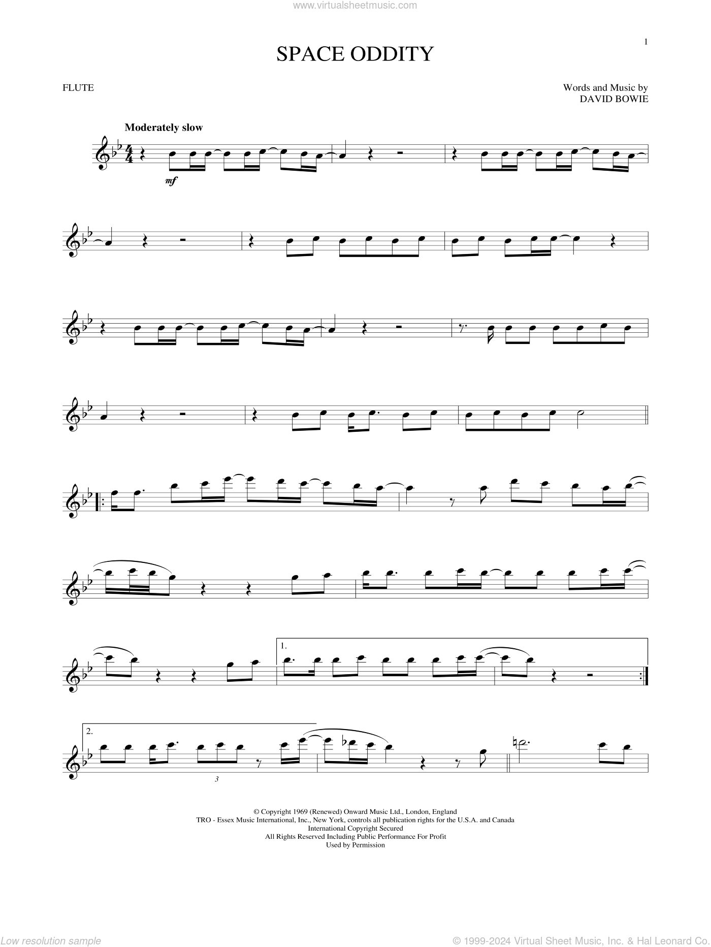 Bowie - Space Oddity sheet music for flute solo [PDF-interactive]