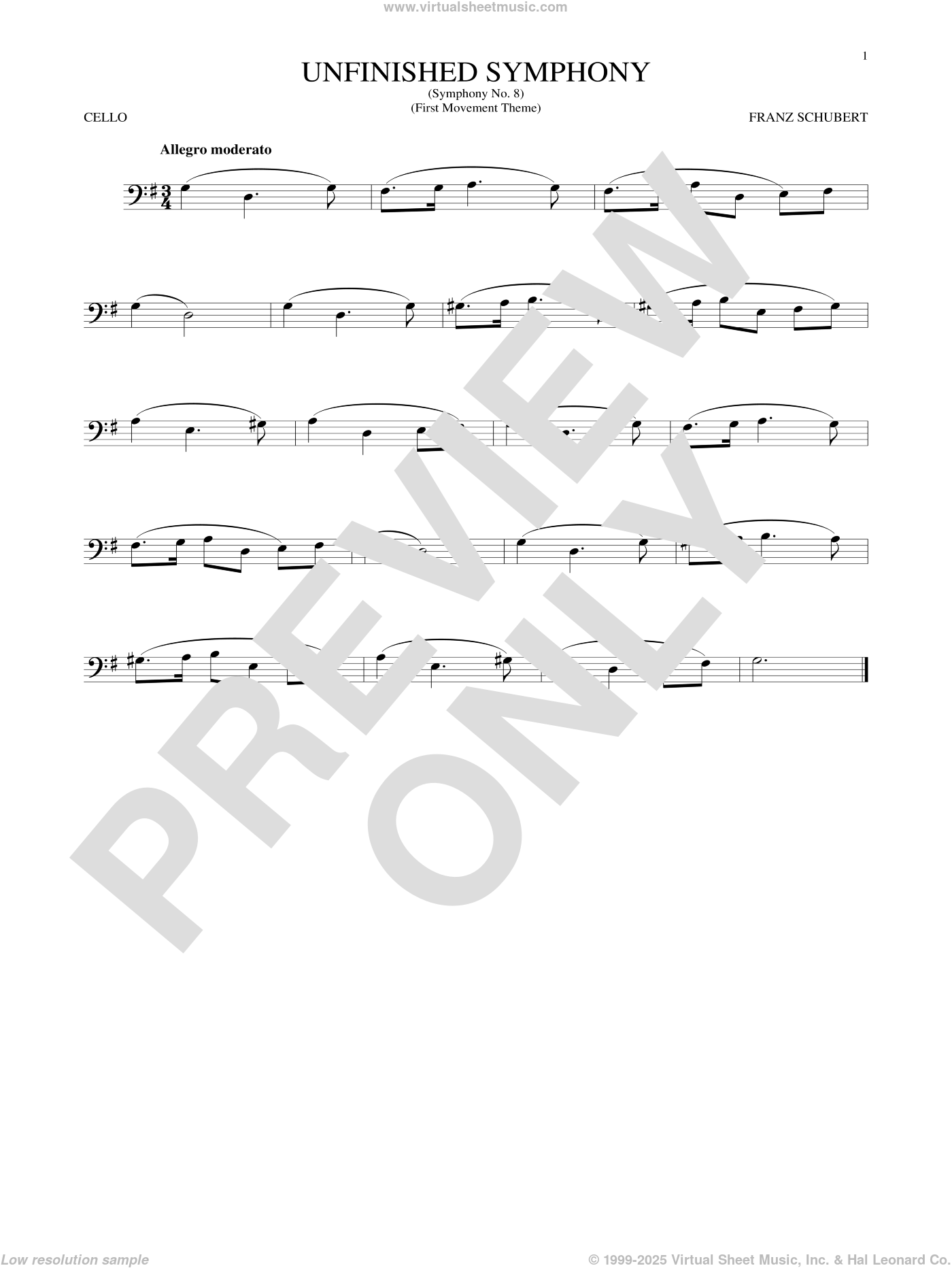 The Unfinished Symphony (Theme) sheet music for cello solo (PDF)