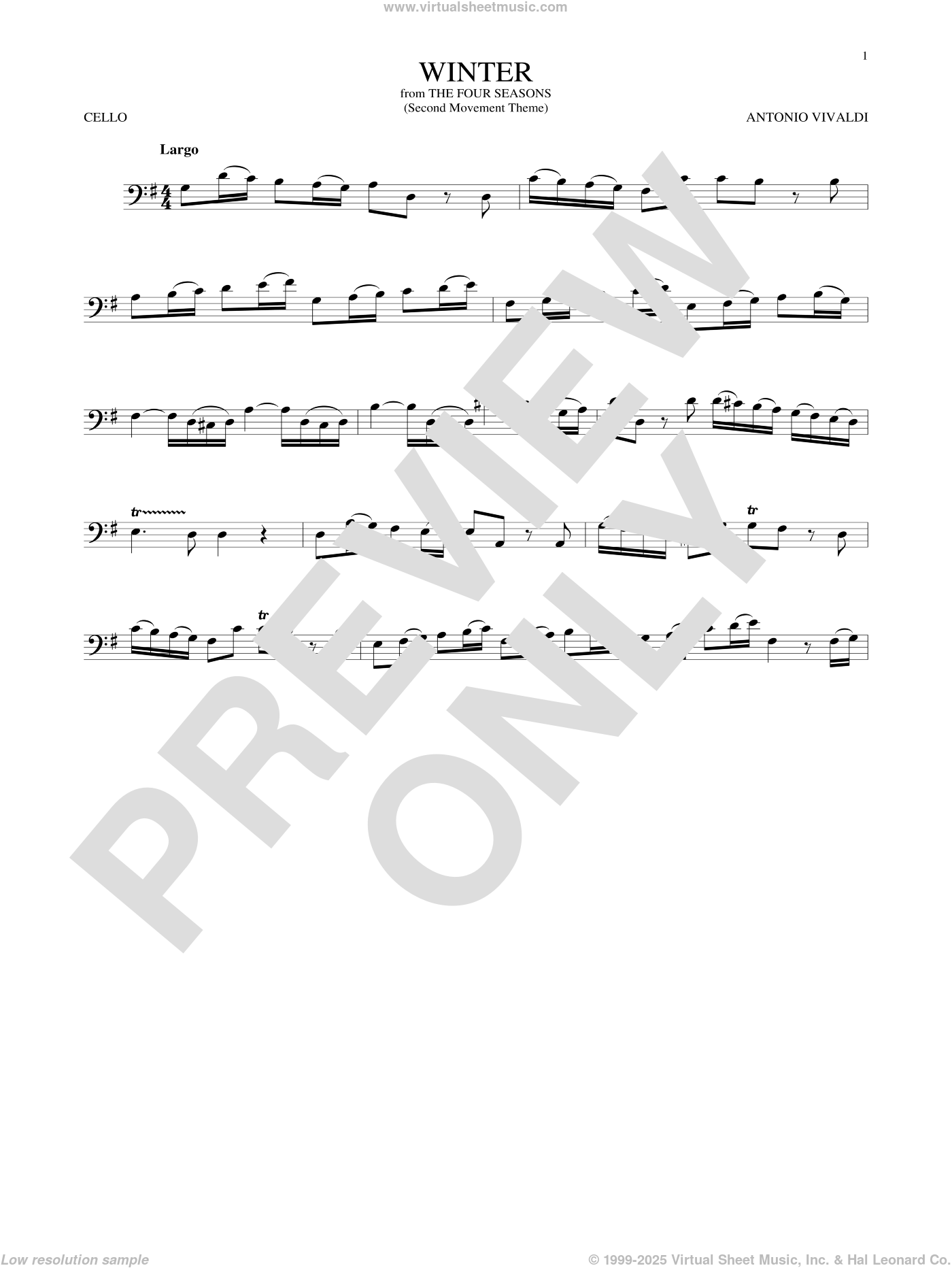 Winter (from The Four Seasons) sheet music for cello solo (PDF)
