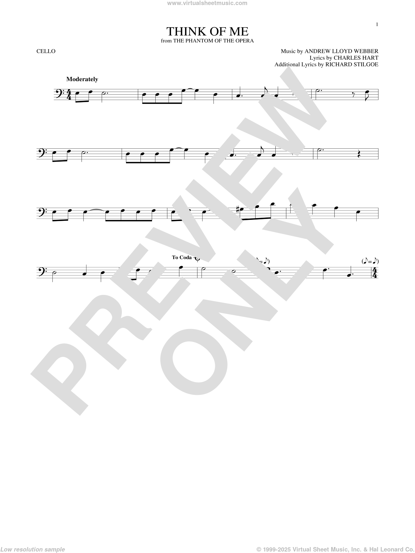 Think Of Me (from The Phantom Of The Opera) sheet music for cello solo