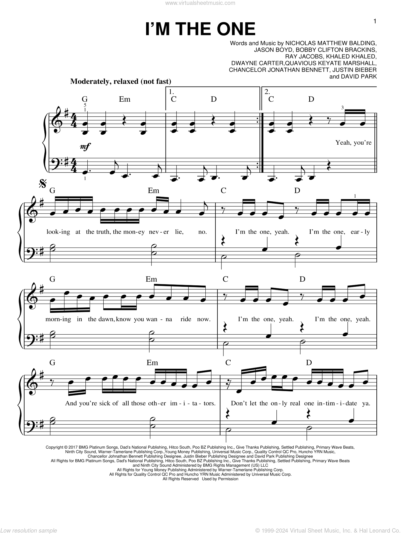 I'm The One sheet music for piano solo (PDF-interactive)
