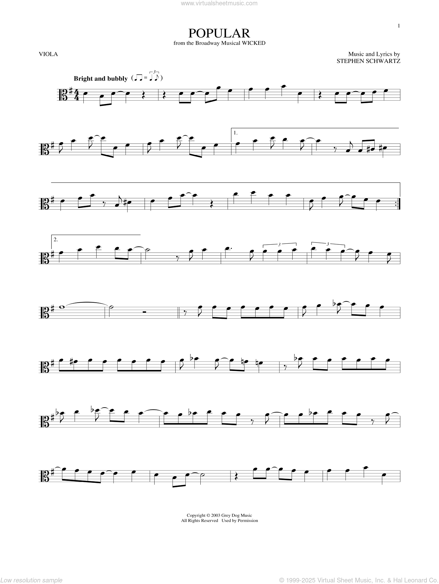 Popular (from Wicked) sheet music for viola solo (PDF)