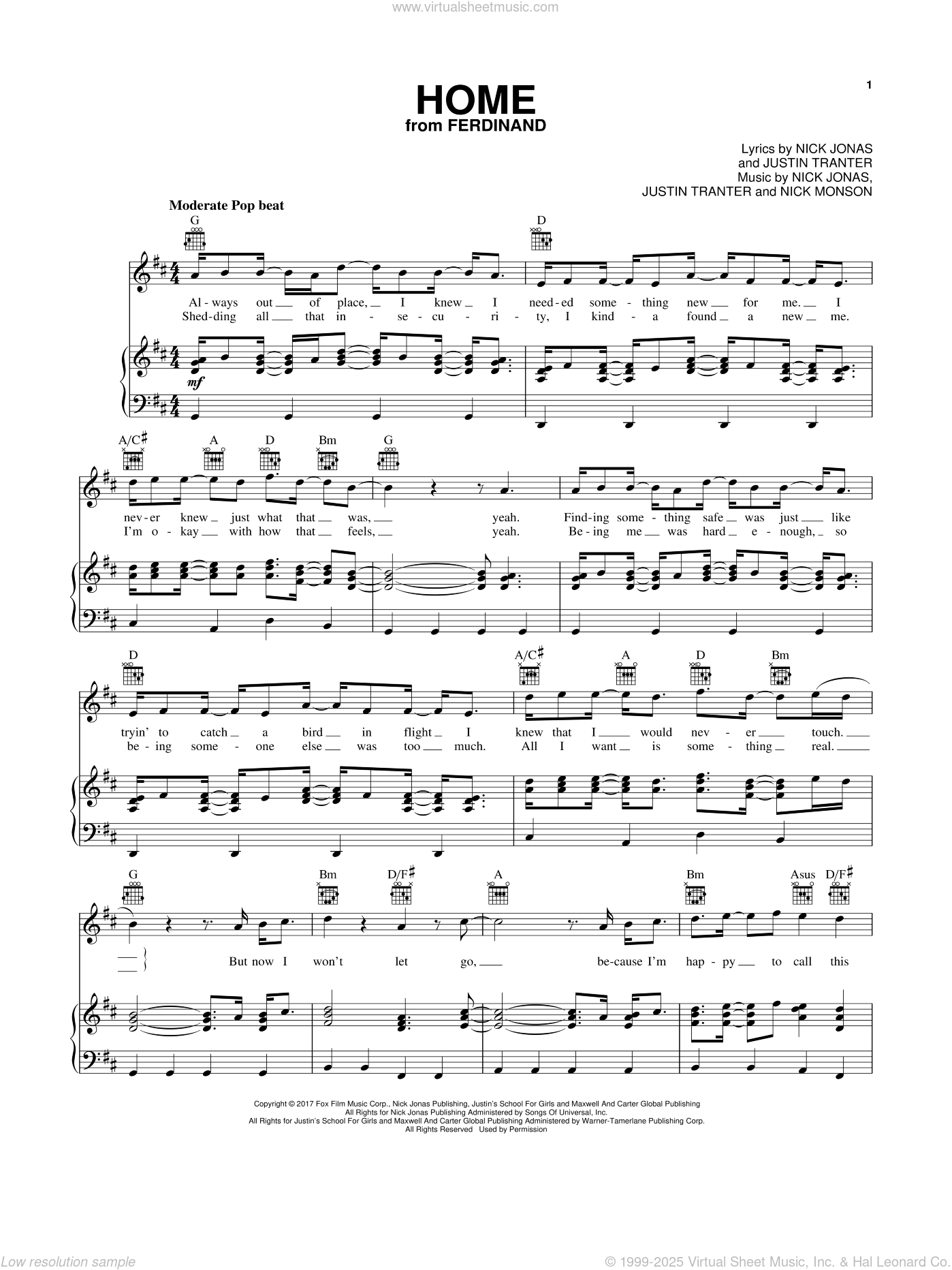 Nick Jonas: Home sheet music for voice, piano or guitar (PDF)