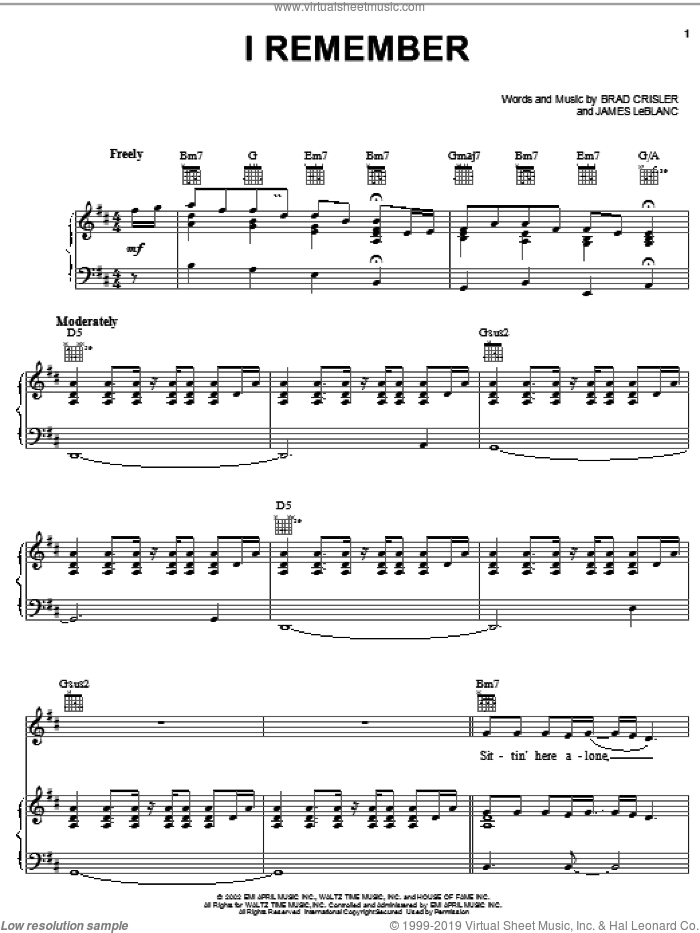 Kenny Chesney: I Remember sheet music for voice, piano or guitar