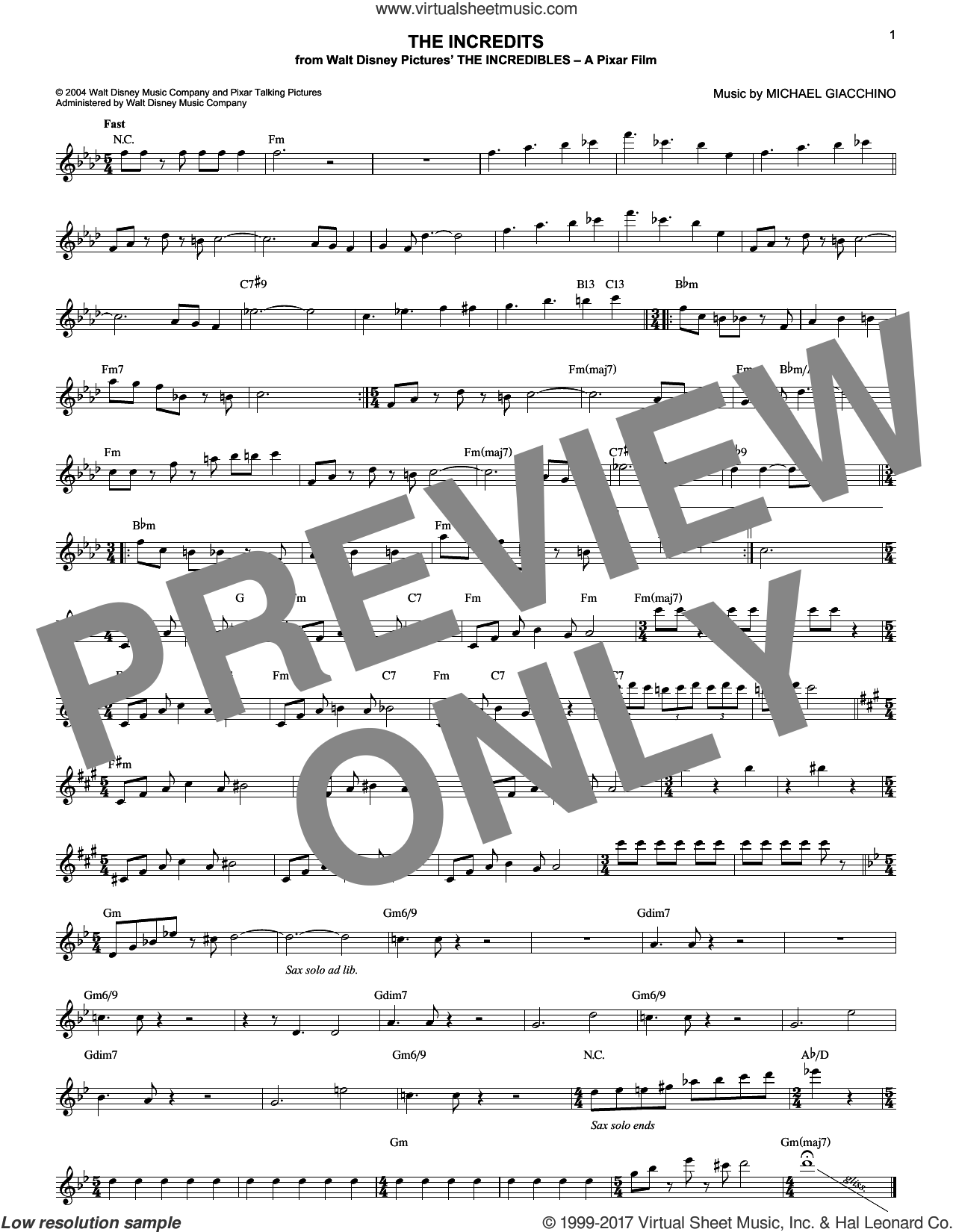 The Incredits (from The Incredibles) sheet music (fake book)