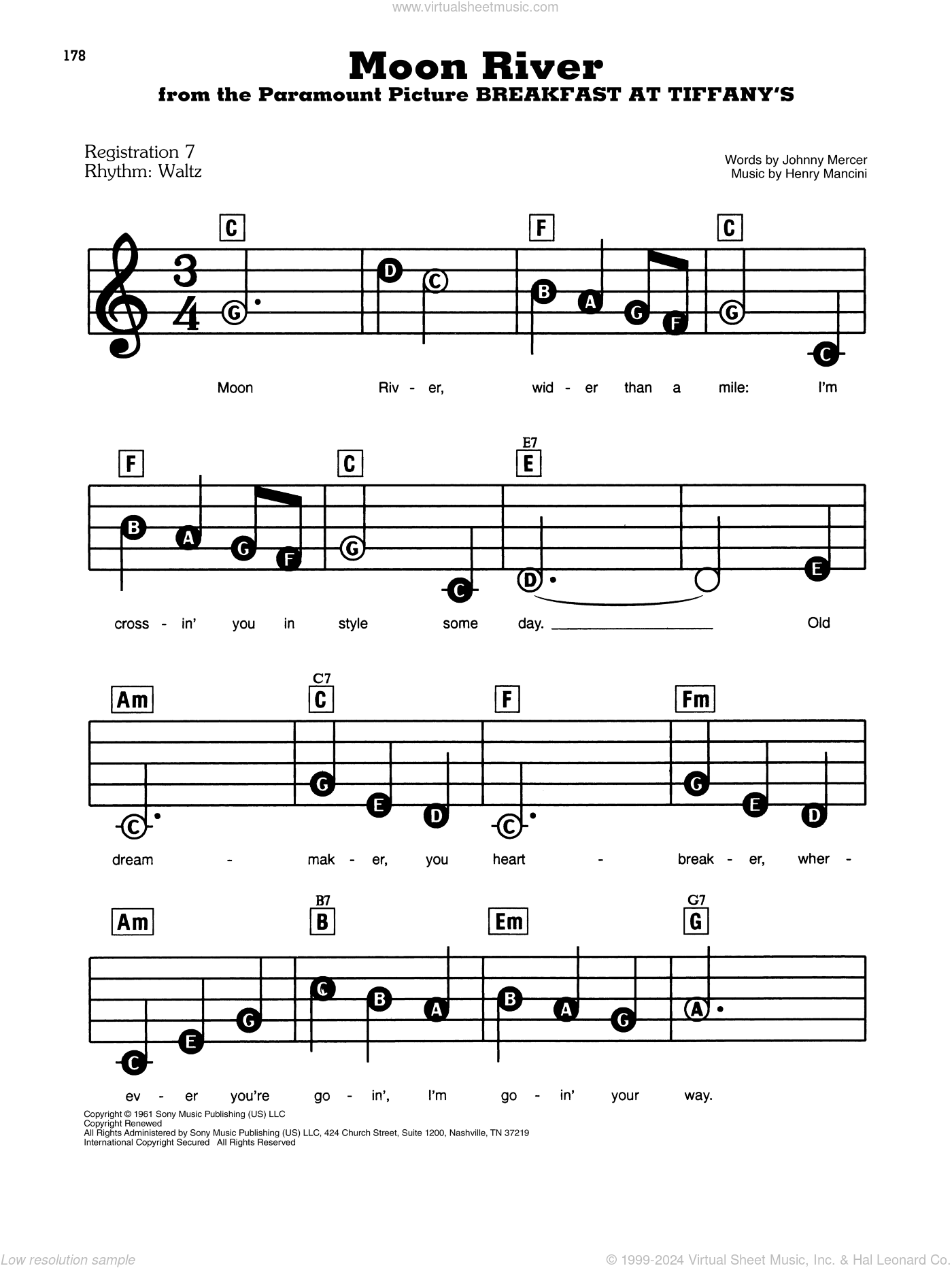 Moon River sheet music for piano or keyboard (E-Z Play) (PDF)