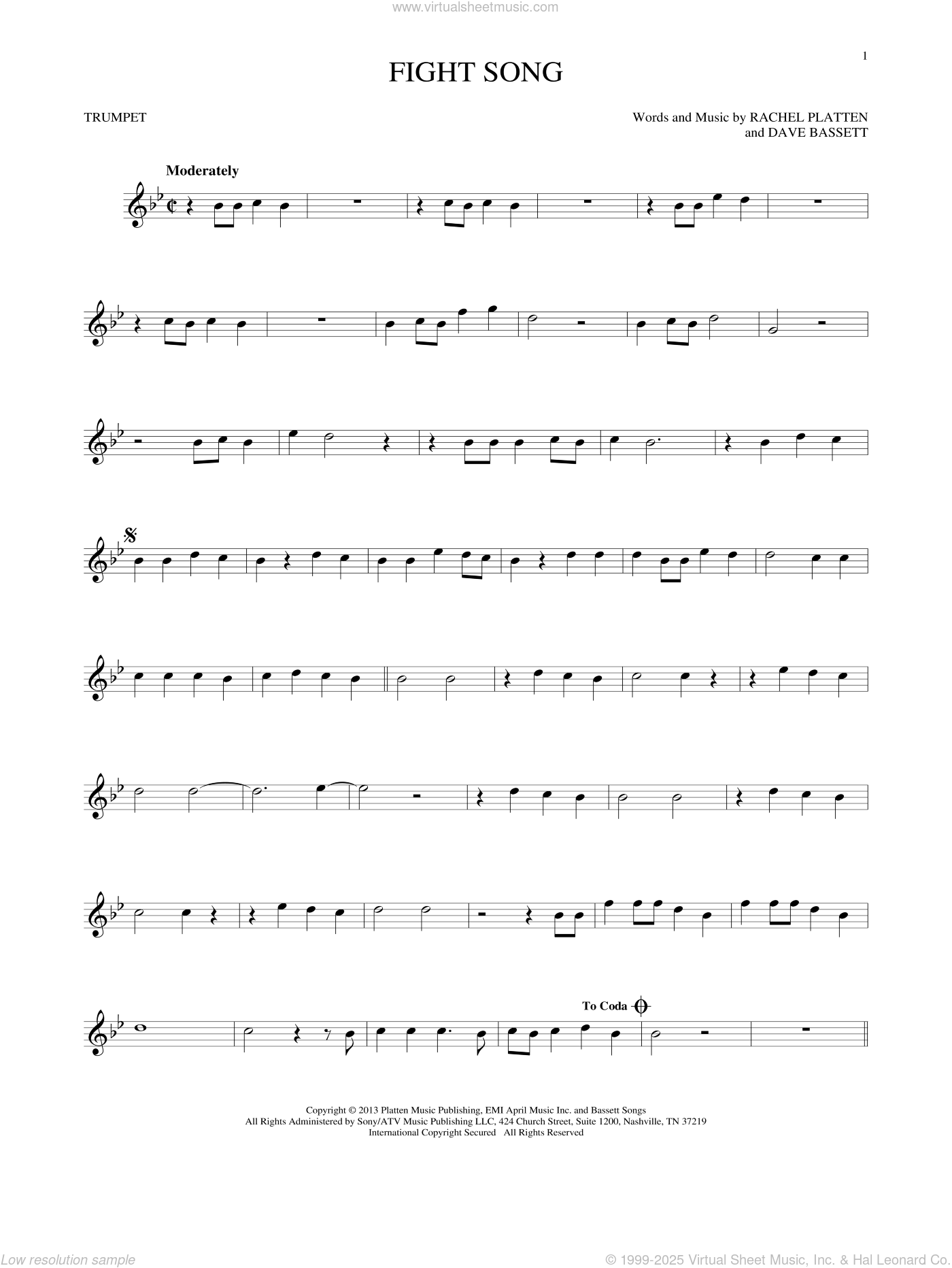 Fight Song sheet music for trumpet solo (PDF-interactive)