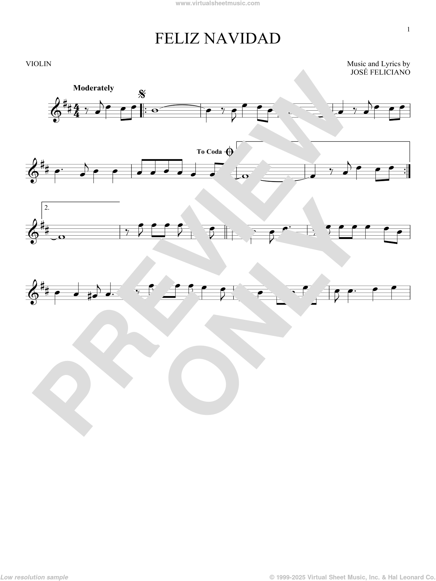 Feliz Navidad sheet music for violin solo (PDF-interactive)