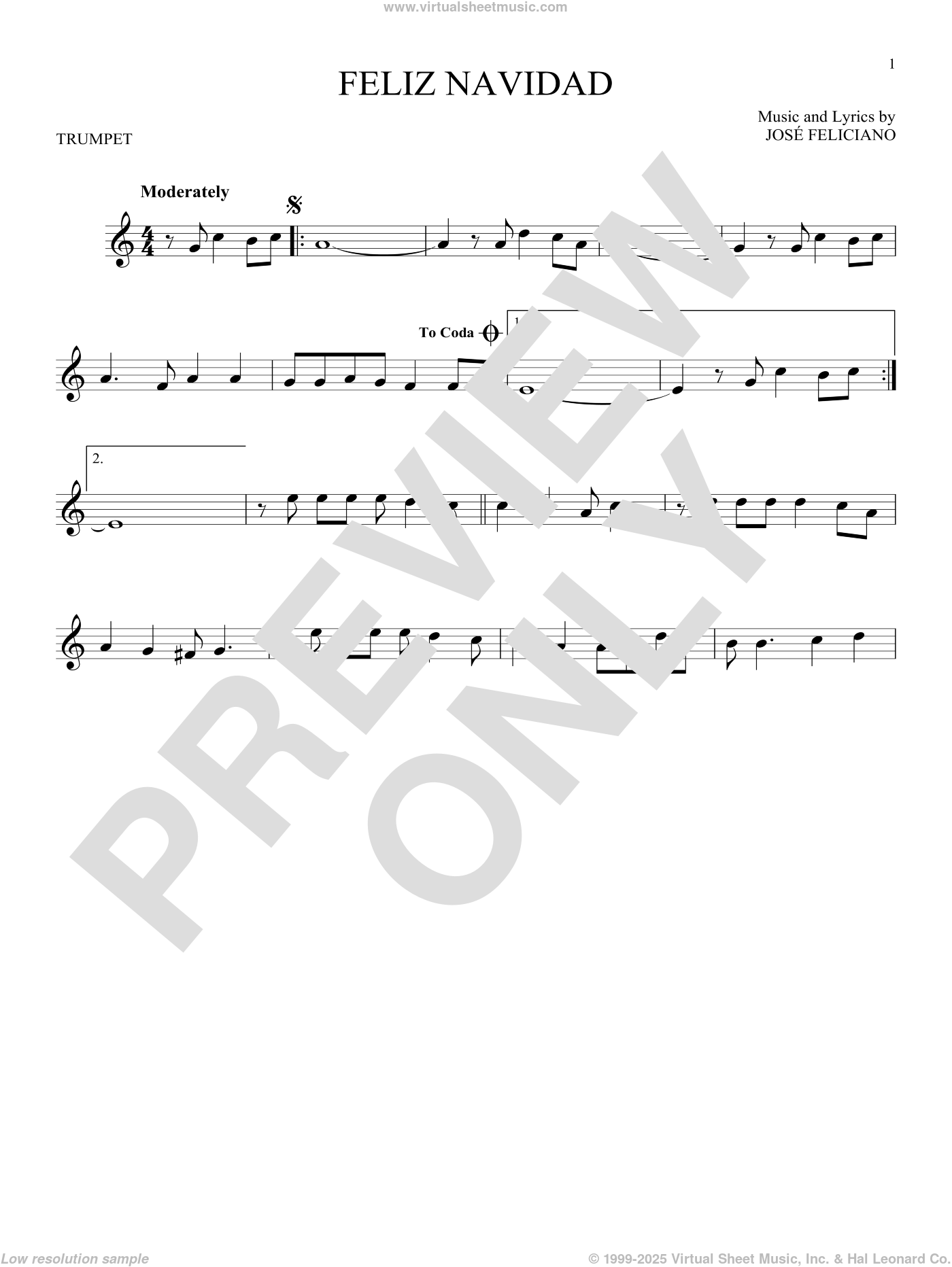 Feliz Navidad sheet music for trumpet solo (PDF-interactive)