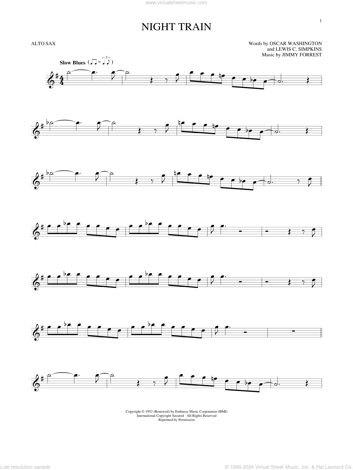 Night Train sheet music for alto saxophone solo (PDF-interactive)