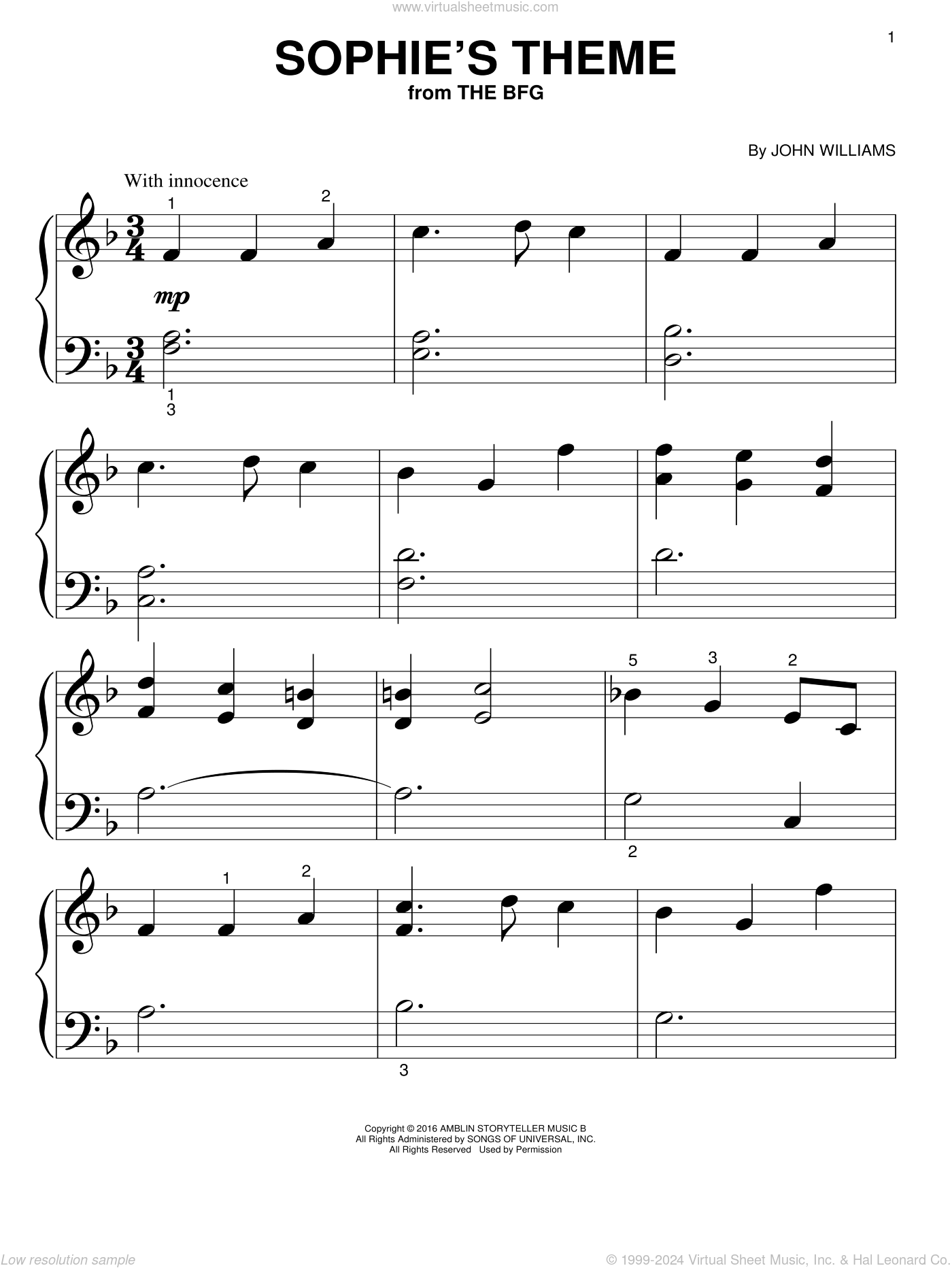 Sophie's Theme sheet music for piano solo (big note book) (PDF)