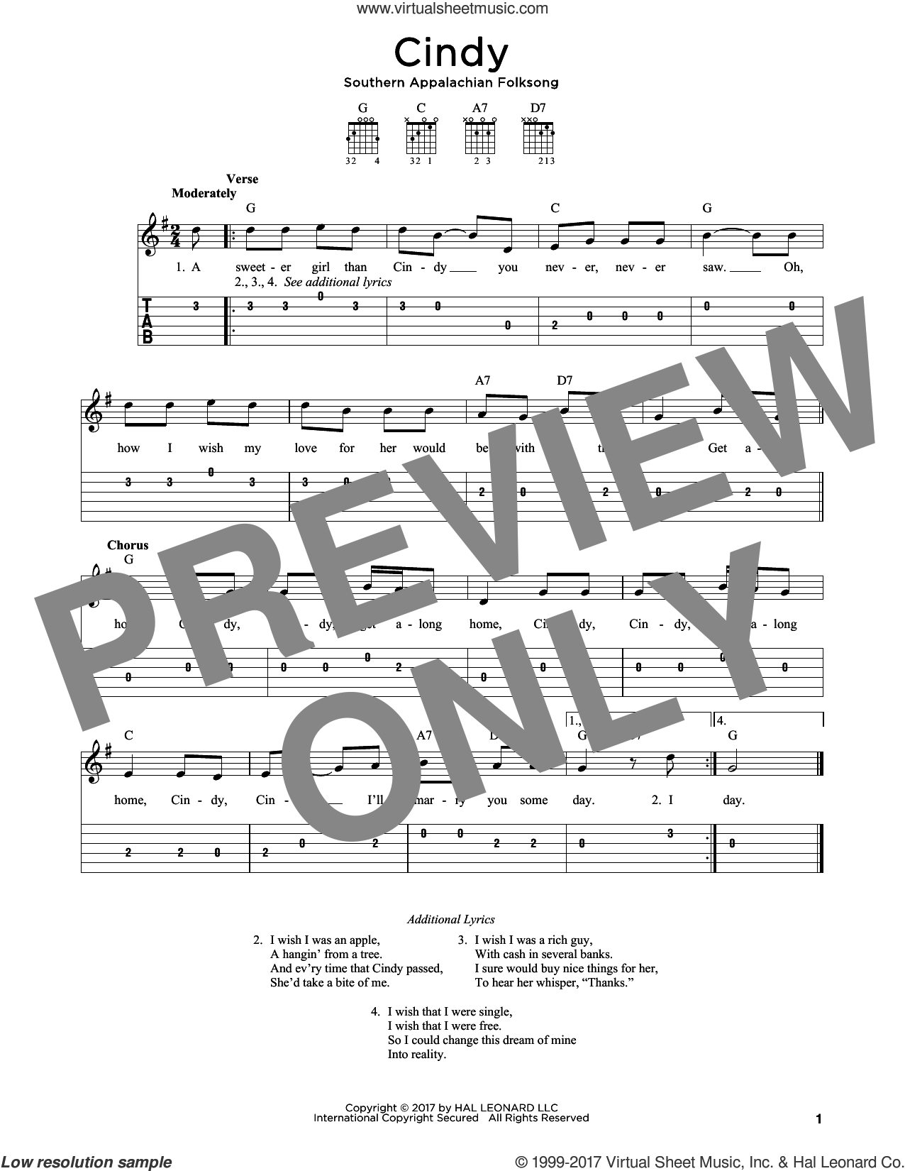 Cindy sheet music (easy) for guitar solo (easy tablature) (PDF)