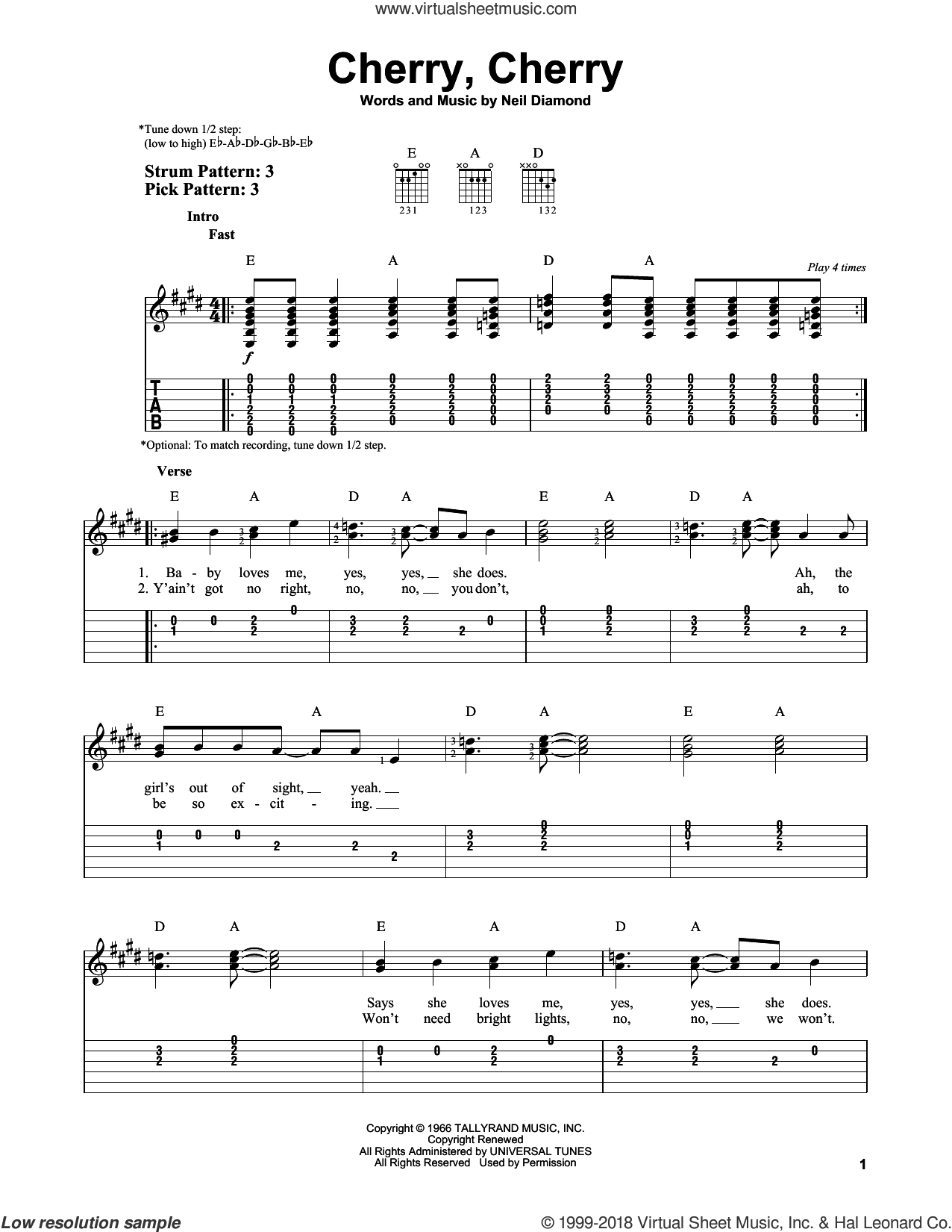Cherry, Cherry sheet music for guitar solo (easy tablature) (PDF)
