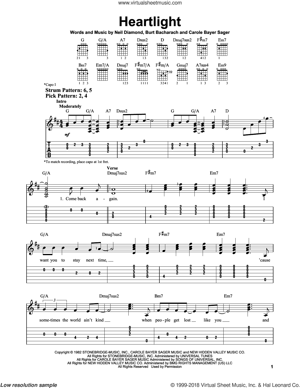 Heartlight sheet music for guitar solo (easy tablature) (PDF)