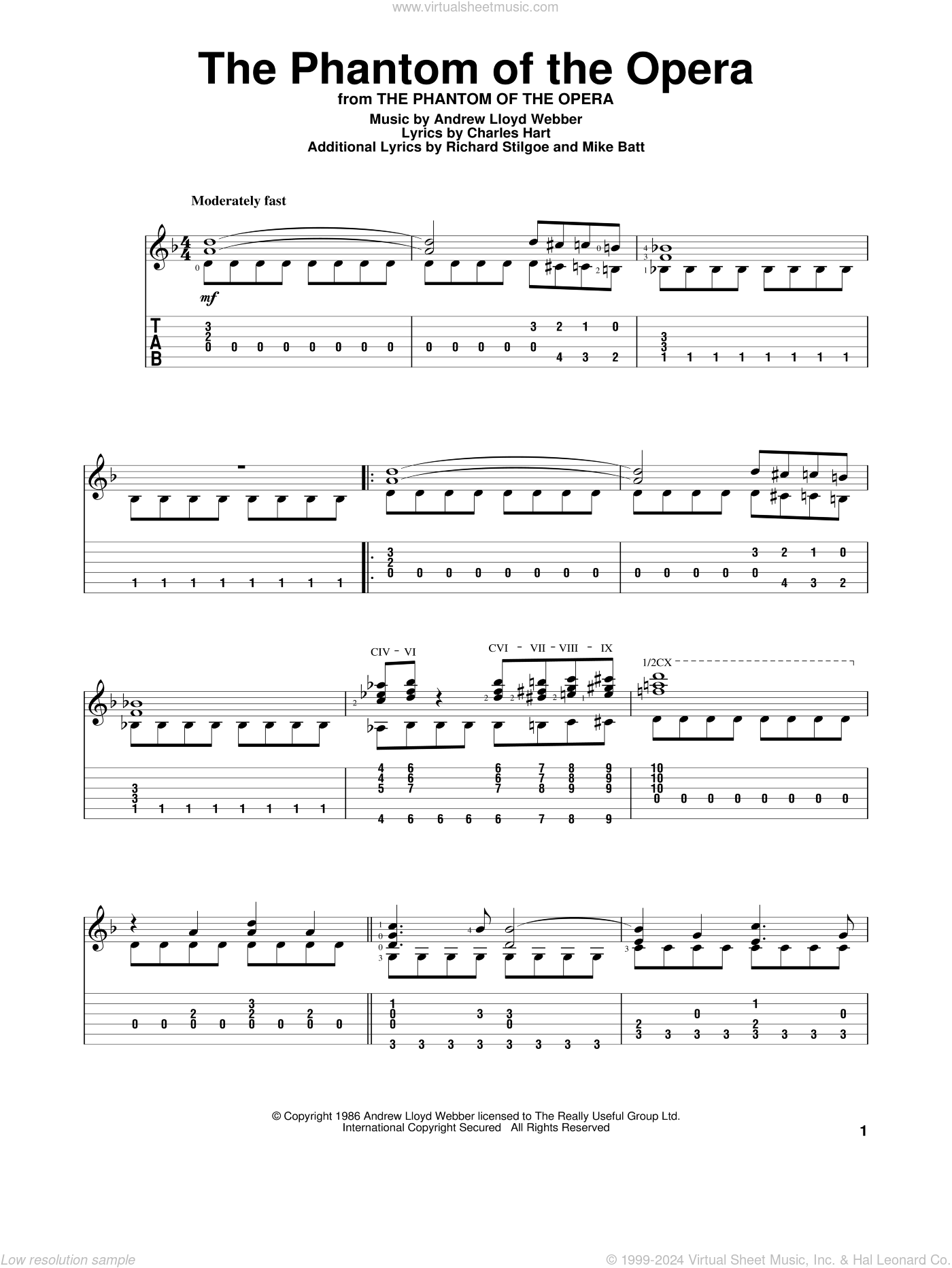 The Phantom Of The Opera sheet music (intermediate) for guitar solo