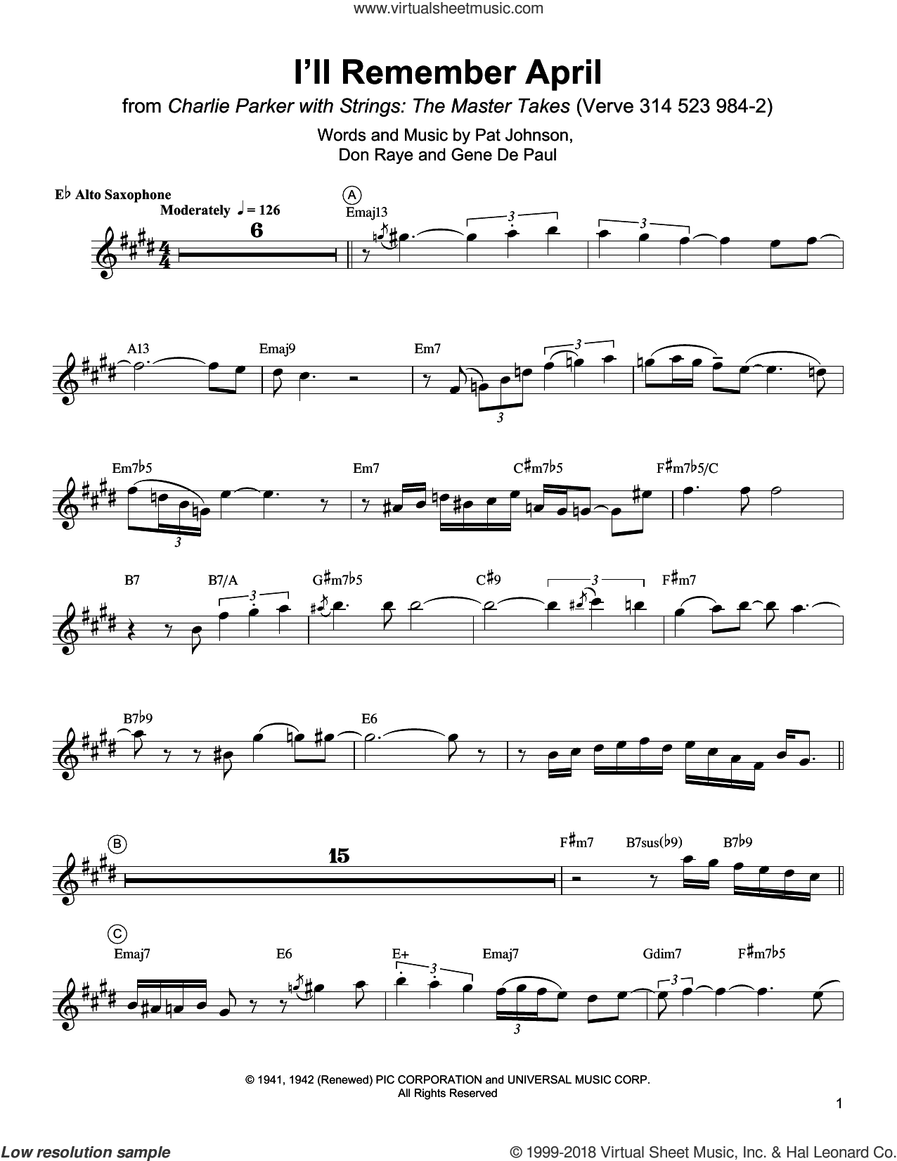 I'll Remember April sheet music for alto saxophone (transcription)