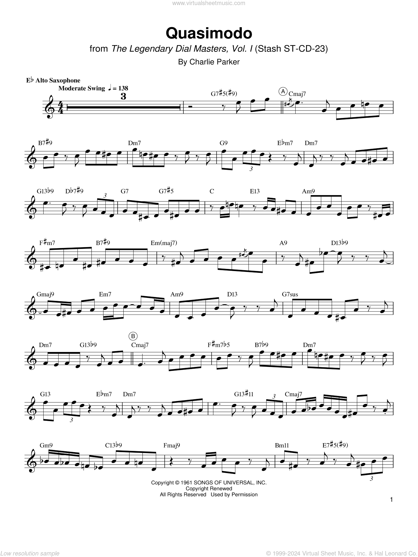 Quasimodo sheet music for alto saxophone (transcription) (PDF)