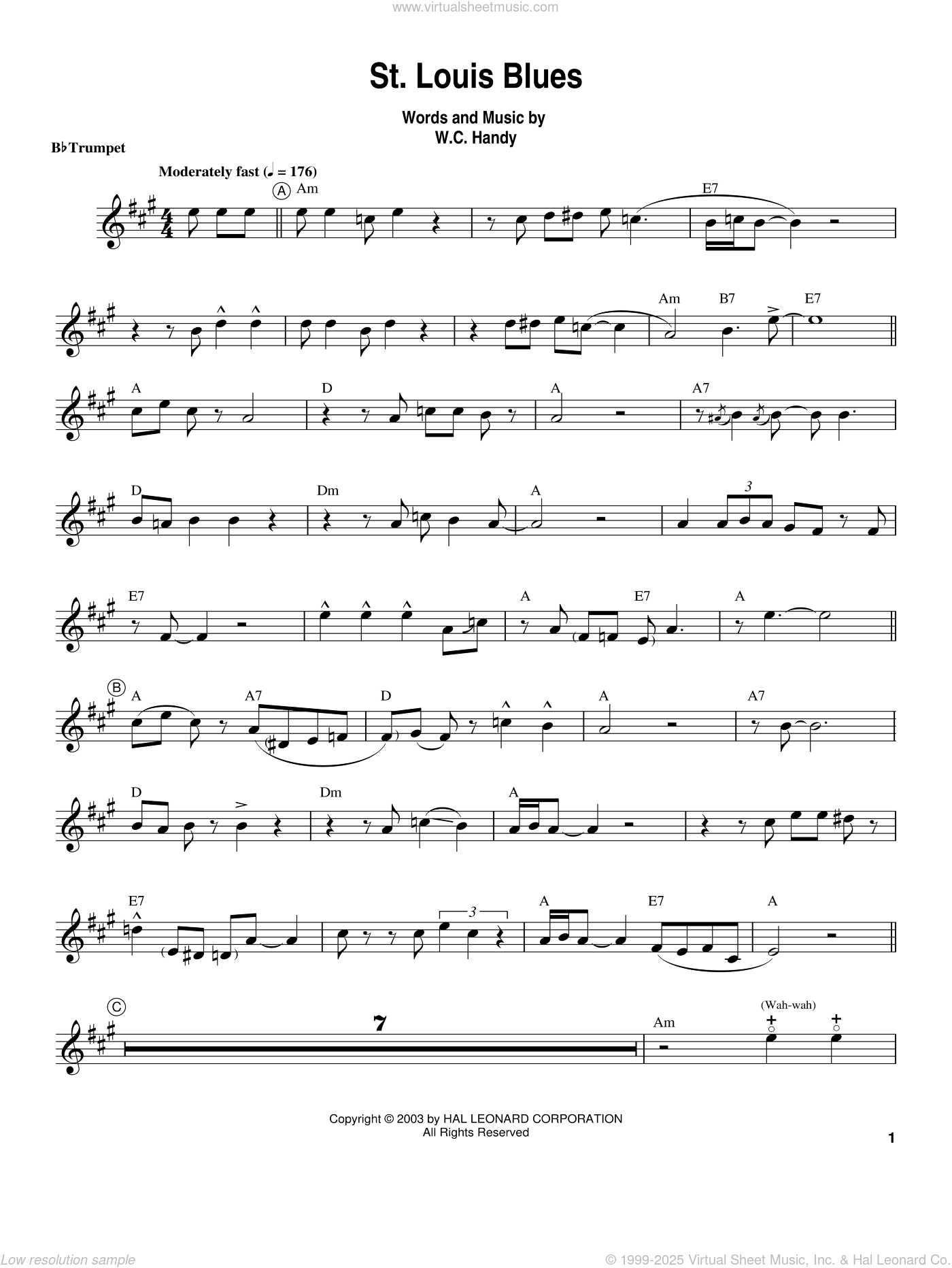 St. Louis Blues sheet music for trumpet solo (transcription)