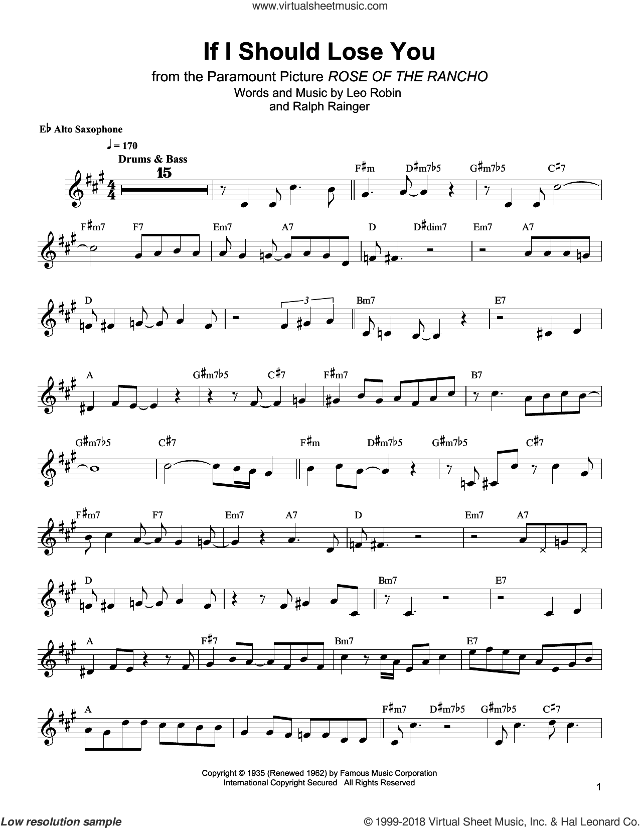 If I Should Lose You sheet music for alto saxophone (transcription)