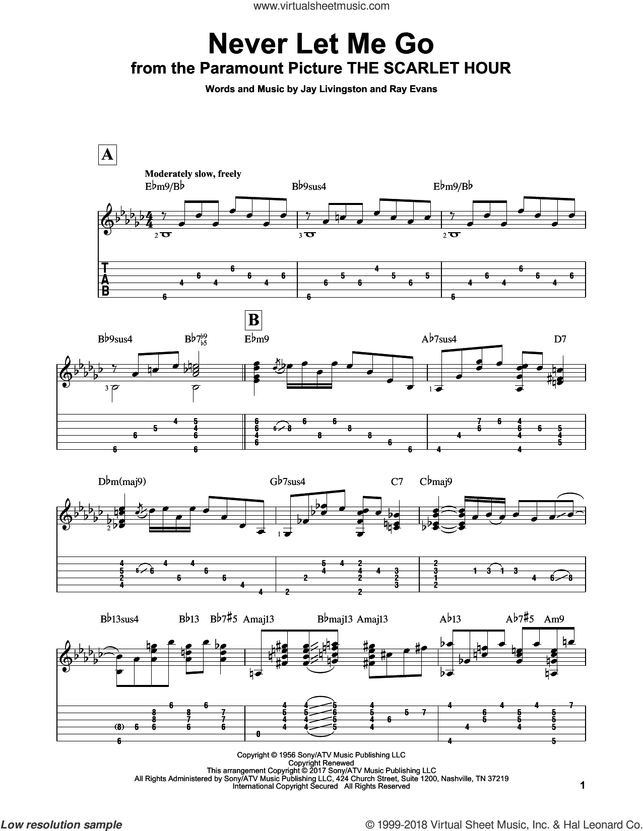 Never Let Me Go sheet music for guitar solo (PDF)