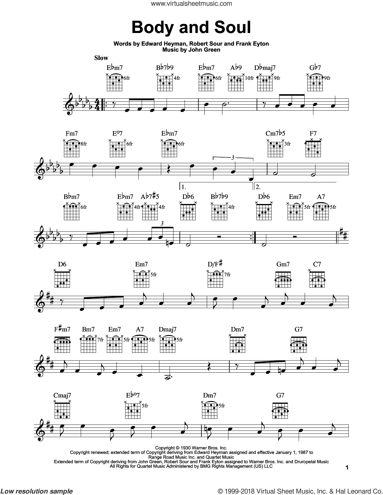Edward Heyman: Body And Soul sheet music (easy) for guitar solo (chords)