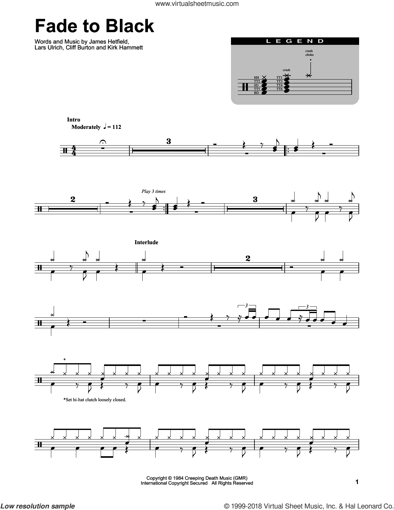 Fade To Black sheet music for drums (PDF)