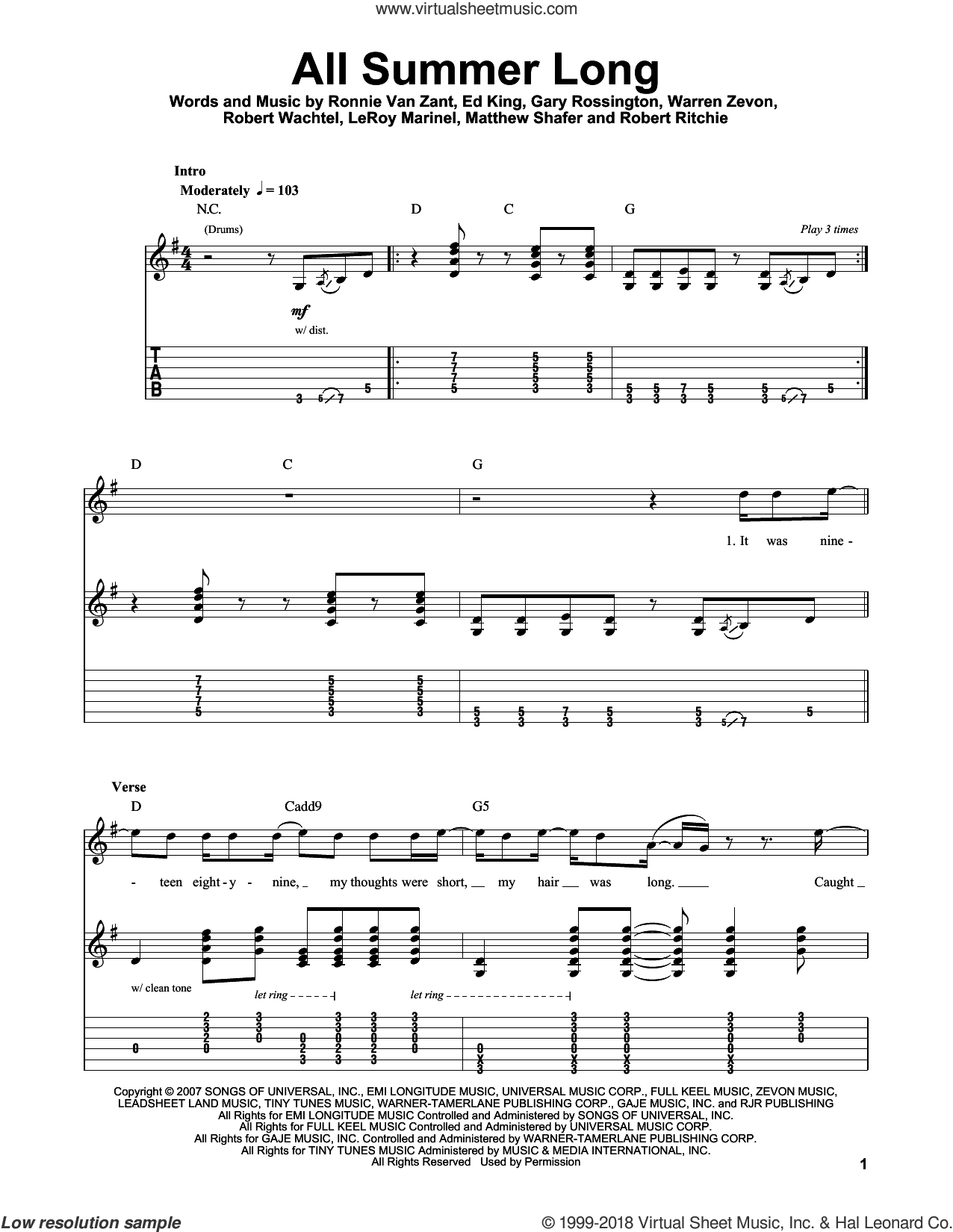 All Summer Long sheet music for guitar (tablature, play-along)