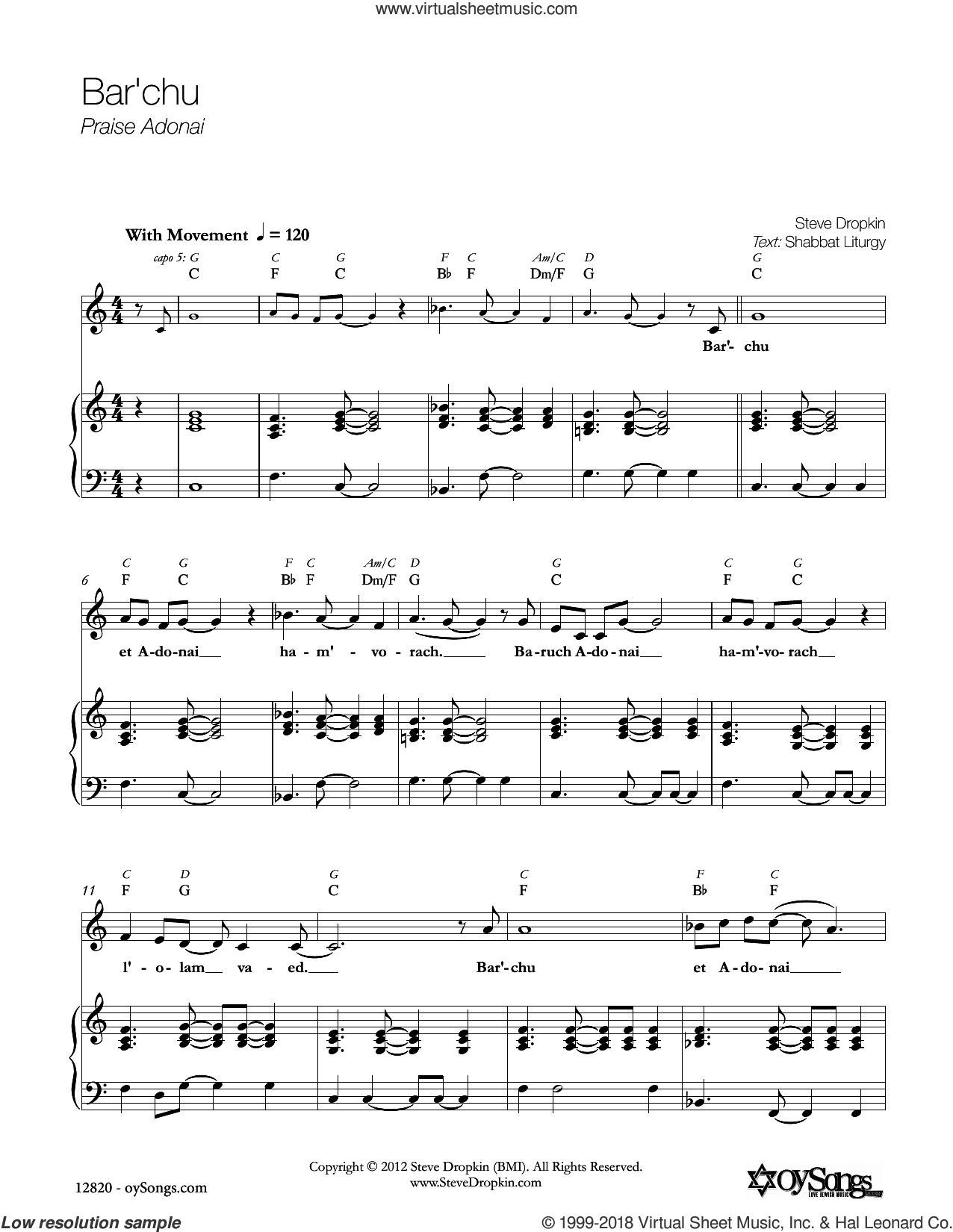 Steve Dropkin: Bar'chu sheet music for voice, piano or guitar