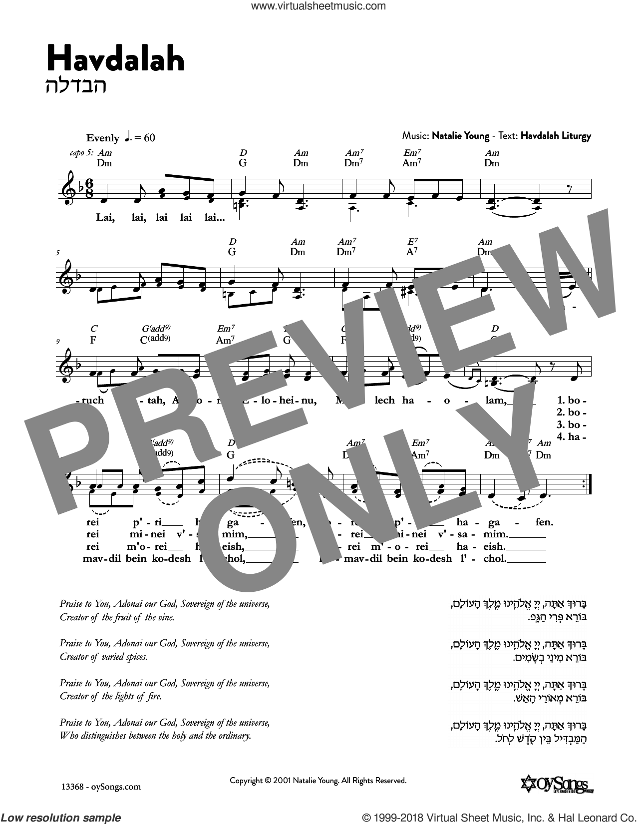 Natalie Young: Havdalah sheet music (fake book) (PDF)