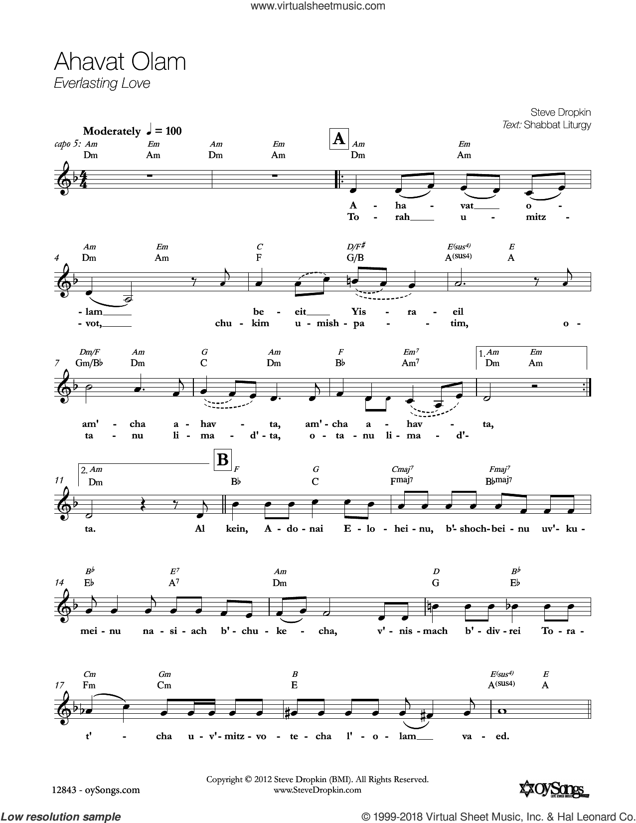 Steve Dropkin: Ahavat Olam sheet music (fake book) (PDF)