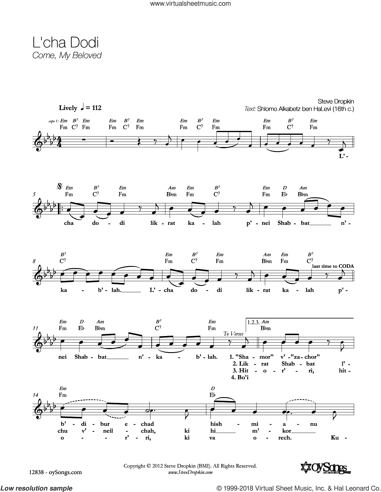 Steve Dropkin: L'cha Dodi sheet music (fake book) (PDF)