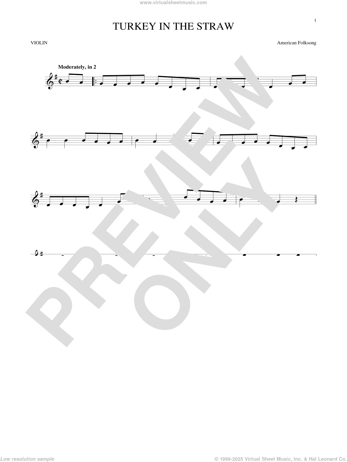 Turkey In The Straw sheet music for violin solo (PDF-interactive)