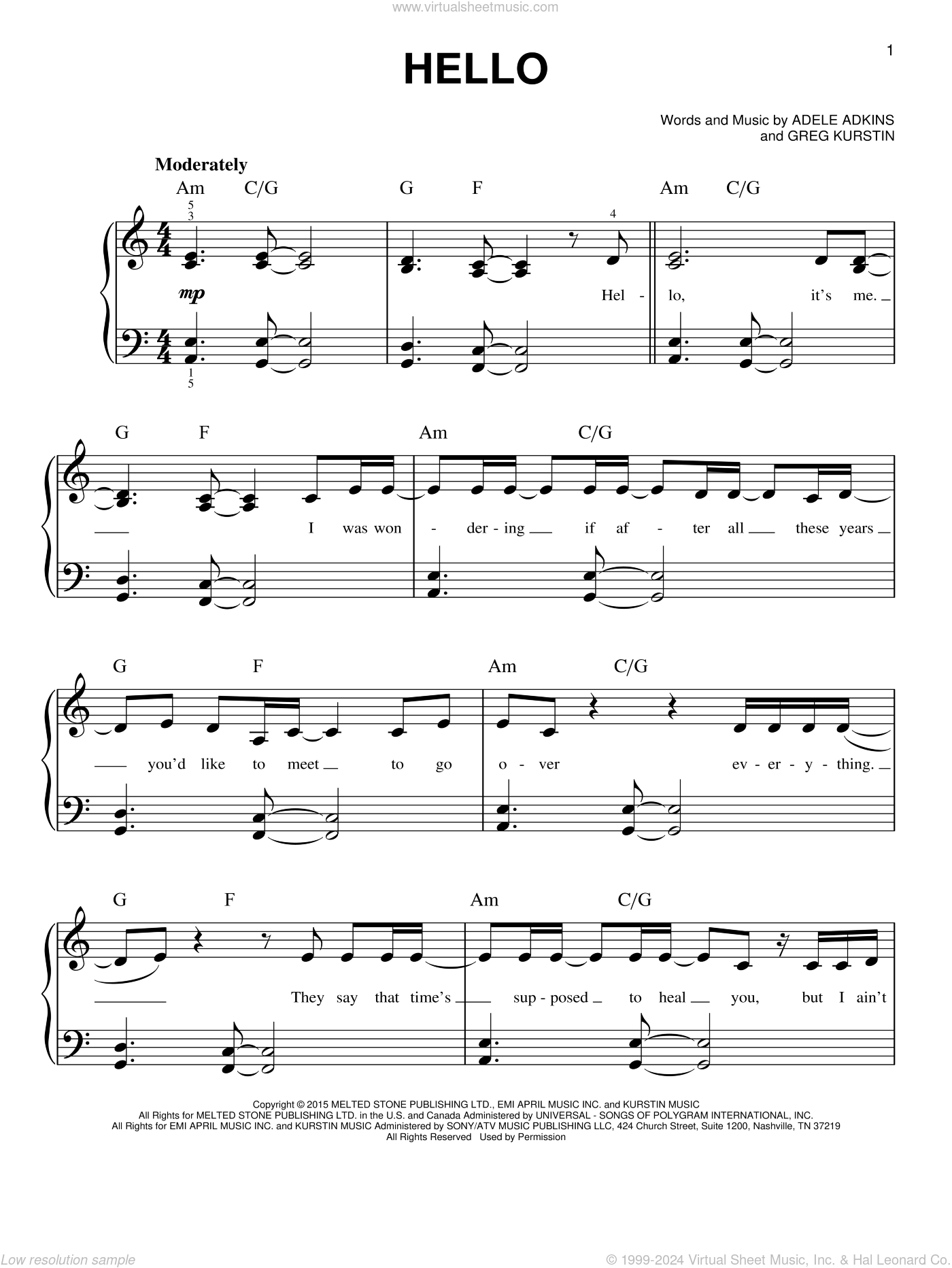 Hello, (beginner) sheet music for piano solo (PDF-interactive)