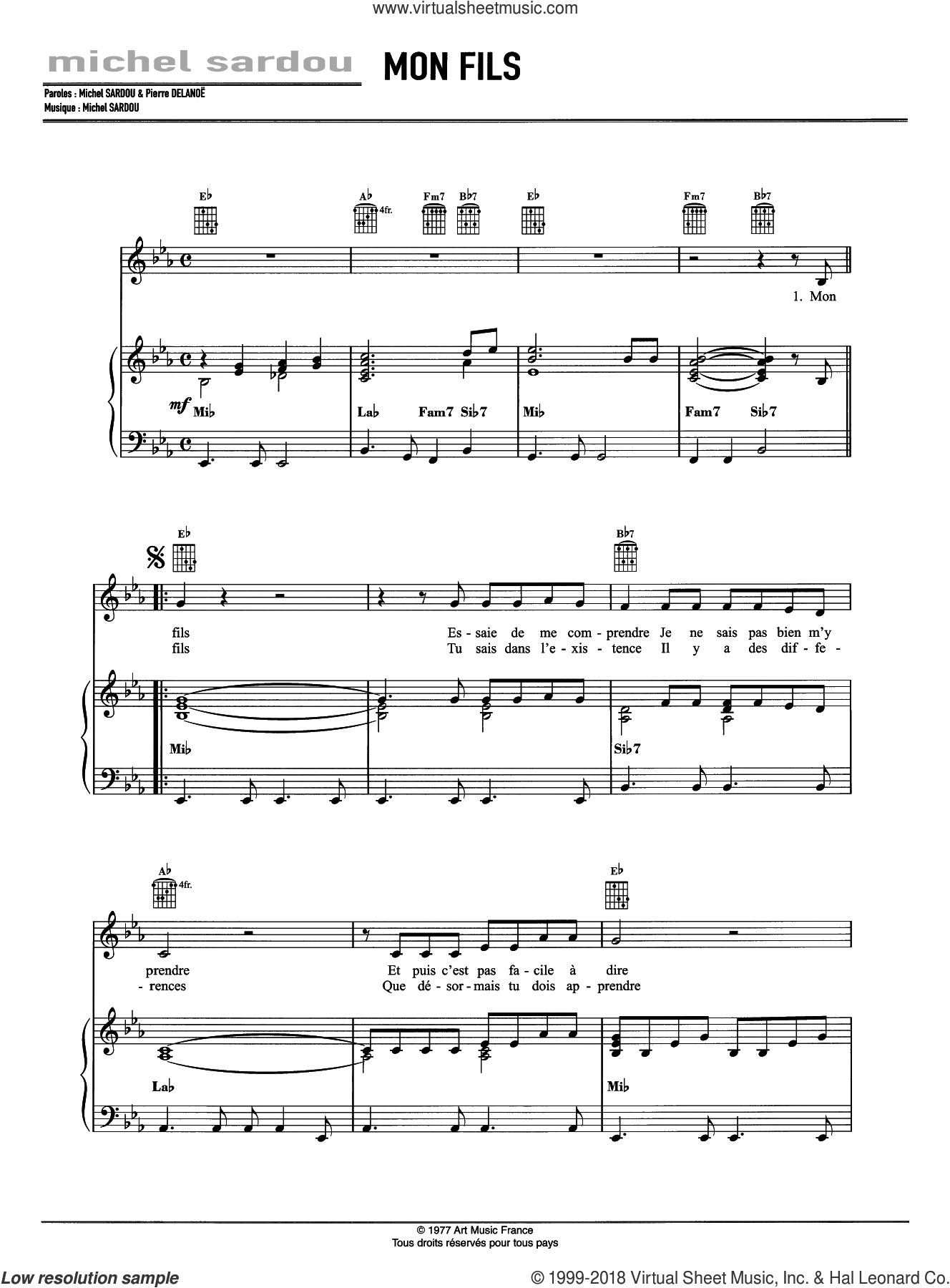 Mon Fils sheet music for voice, piano or guitar (PDF)