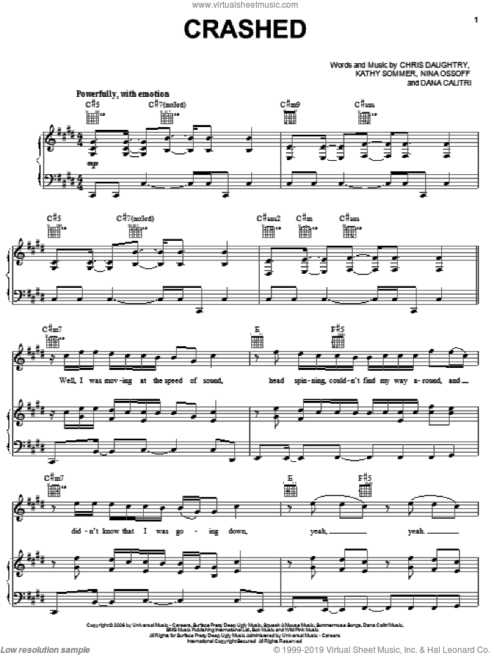 Crashed sheet music for voice, piano or guitar (PDF-interactive)