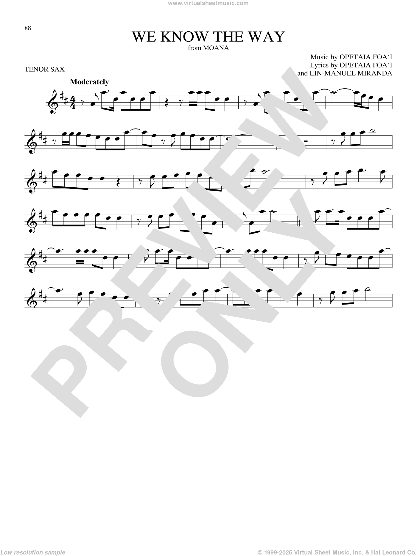Miranda - We Know The Way (from Moana) sheet music for tenor saxophone solo