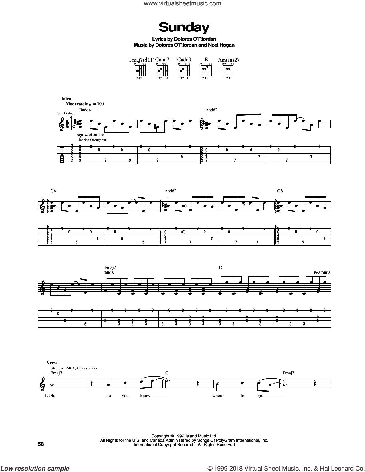 Sunday sheet music for guitar (tablature) (PDF)