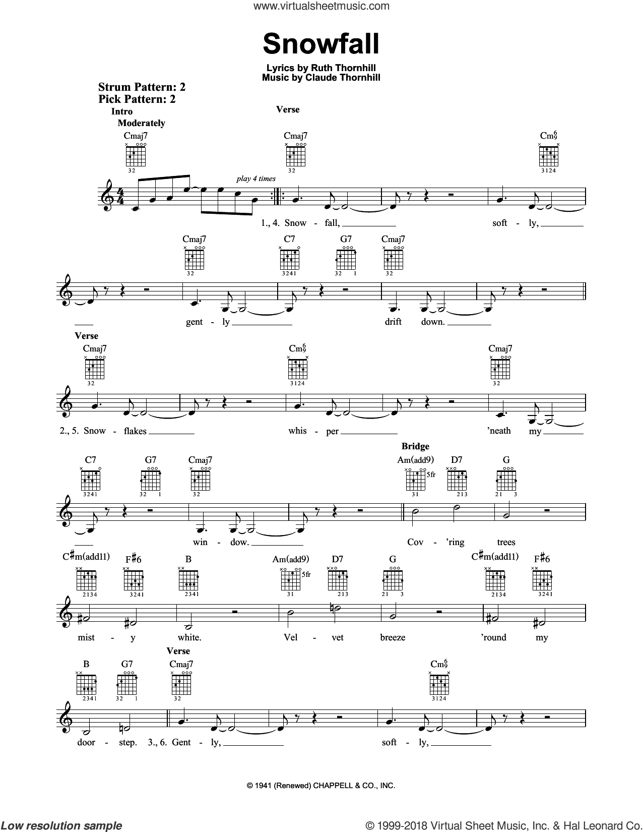 Snowfall sheet music (easy) for guitar solo (chords) (PDF)