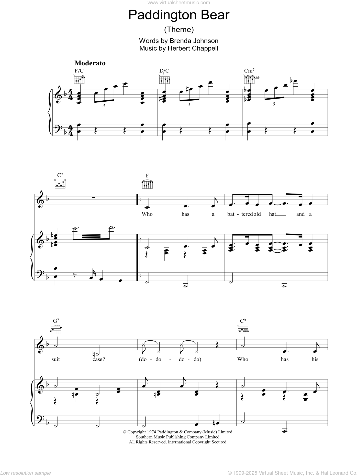 Paddington Bear sheet music for voice, piano or guitar (PDF)