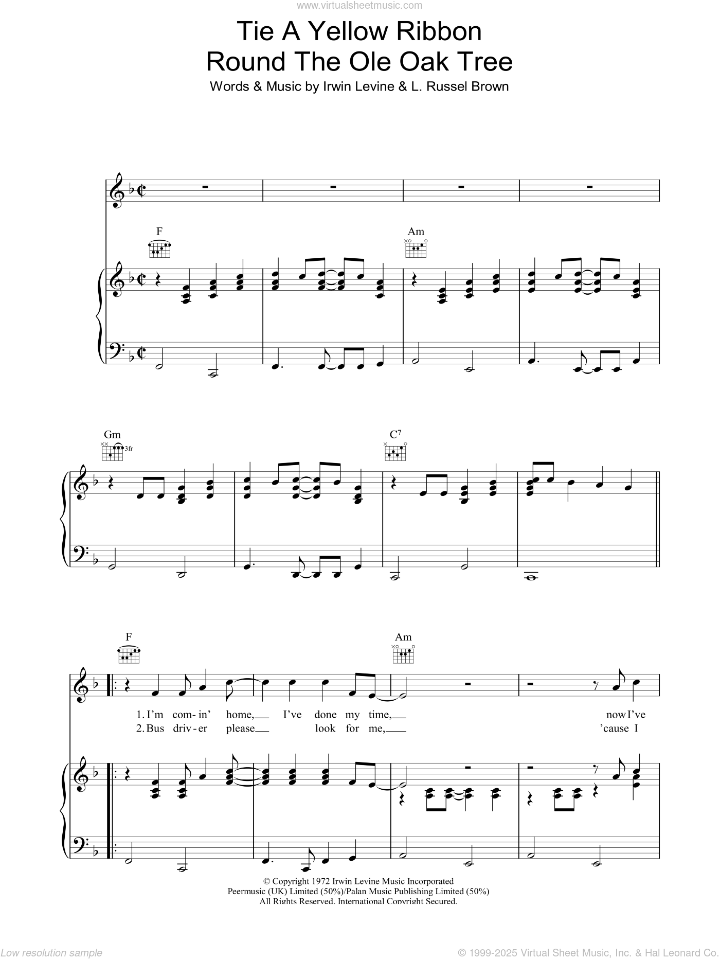 Tie A Yellow Ribbon 'Round The Old Oak Tree sheet music for voice ...