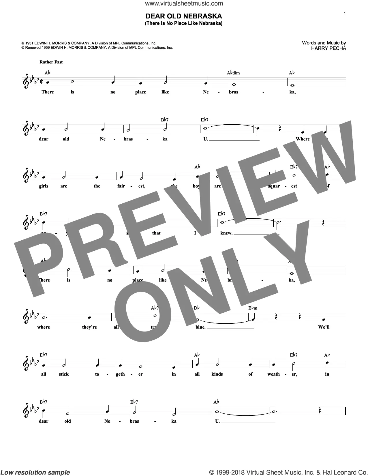Dear Old Nebraska U. (There Is No Place Like Nebraska) sheet music ...