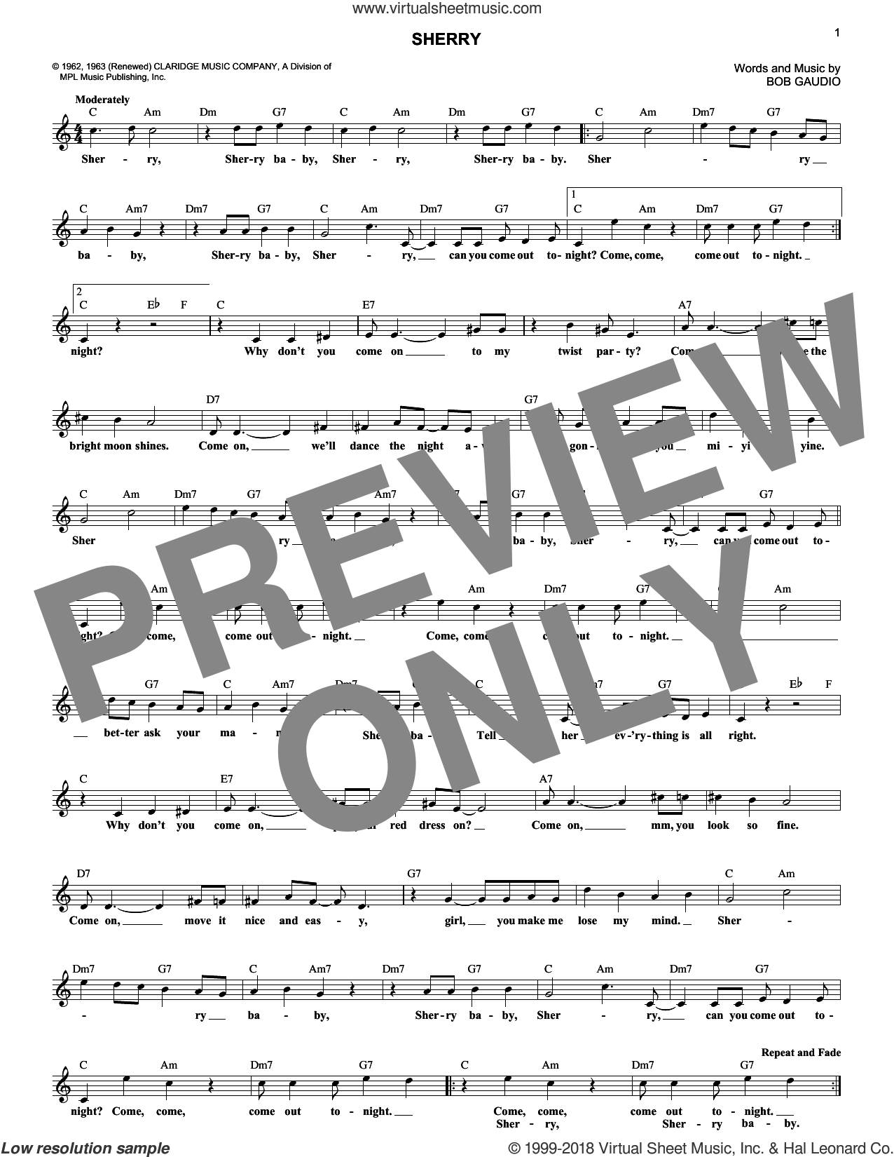 Sherry sheet music for voice and other instruments (fake book)