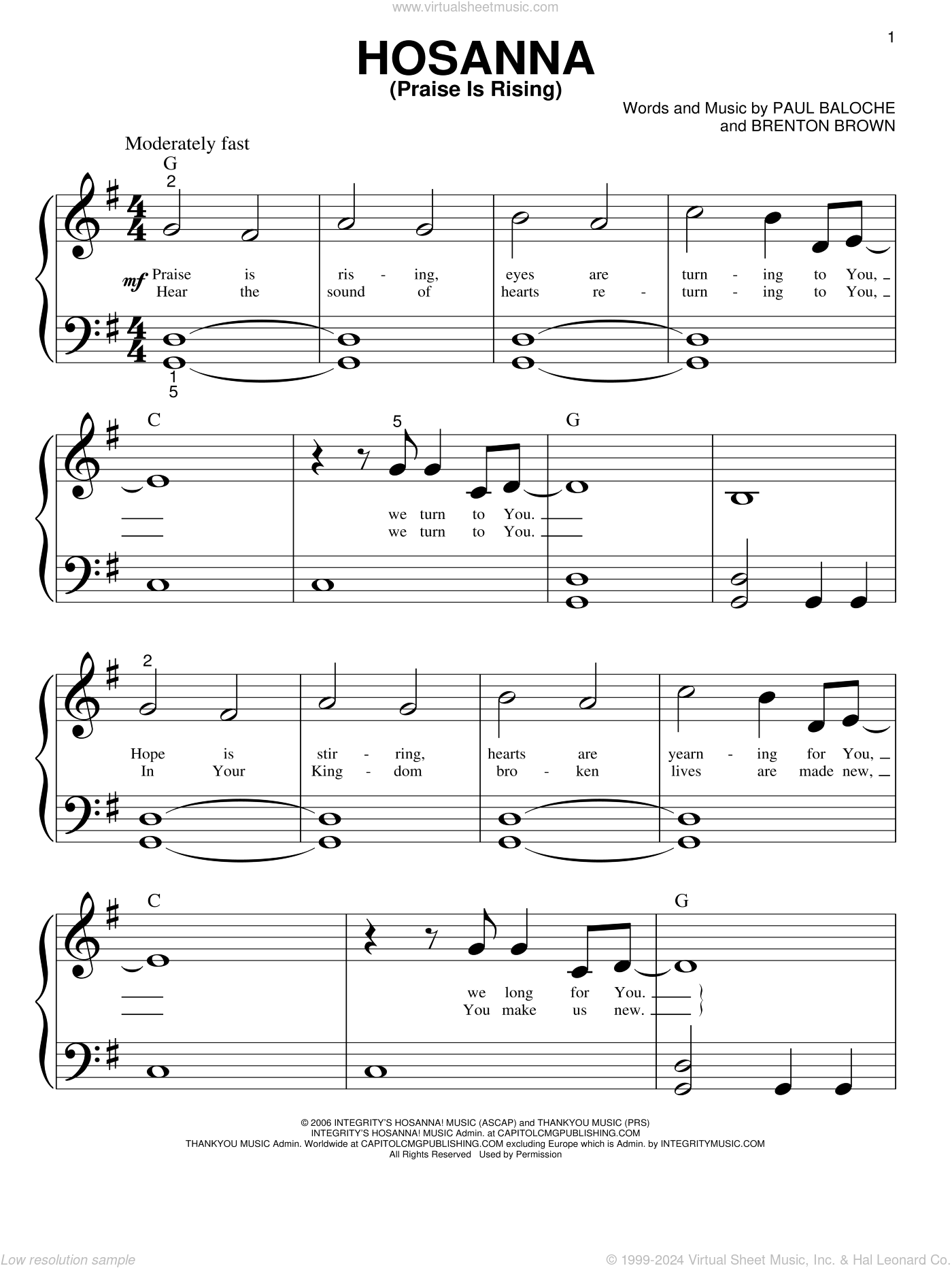 Hosanna (Praise Is Rising) sheet music for piano solo (big note book)